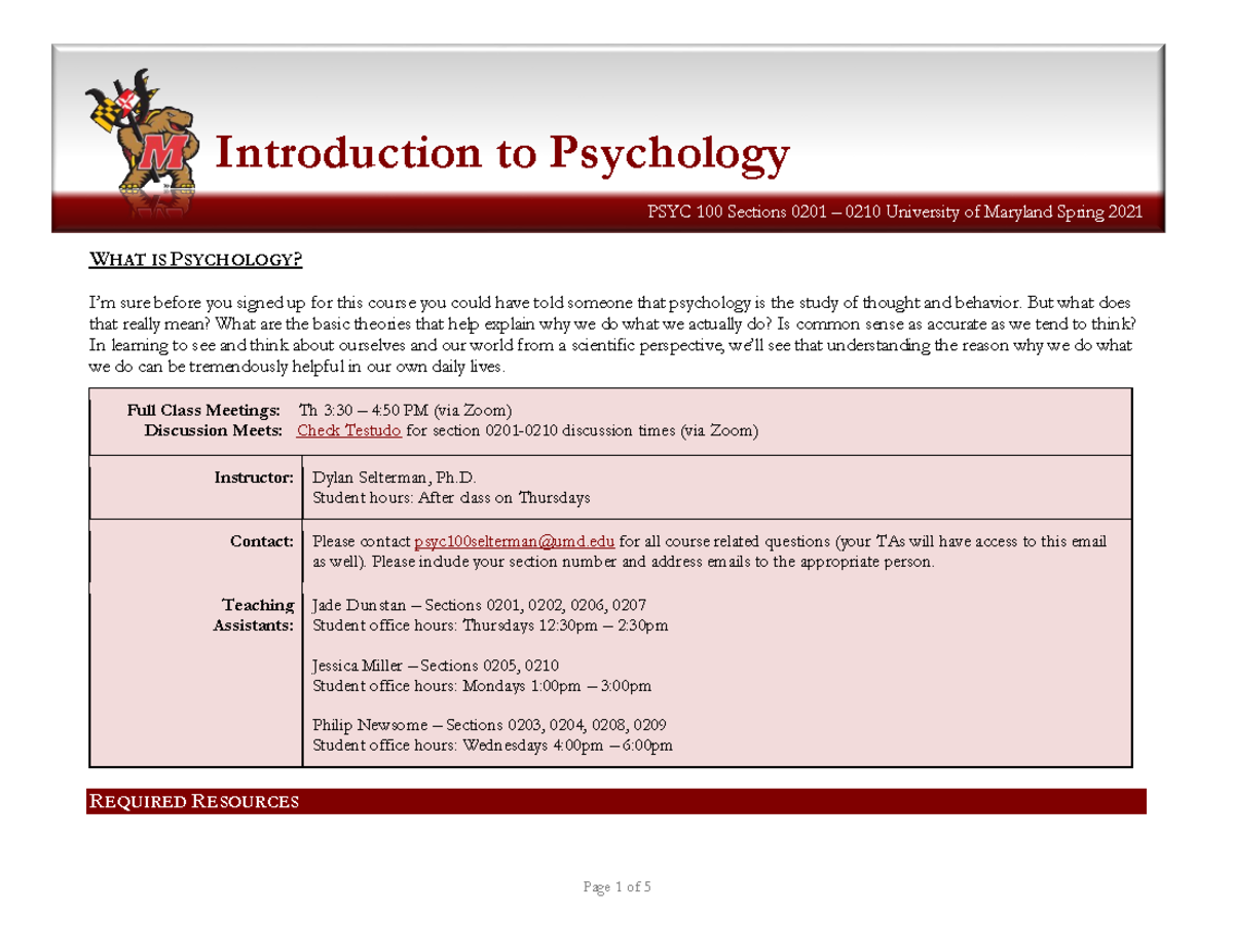 Syllabus PSYC 100 Selterman Spring 2021 - Introduction to Psychology ...