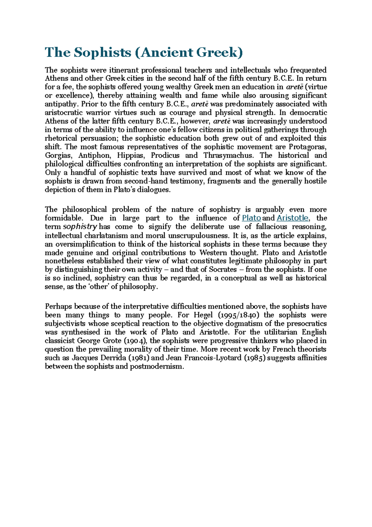 Greek notes - The Sophists (Ancient Greek) The sophists were itinerant ...