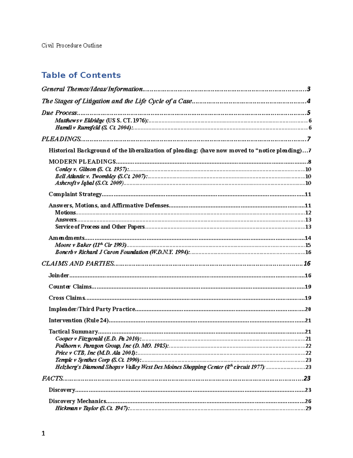 Civil Procedure Outline - Civil Procedure Outline General - Studocu