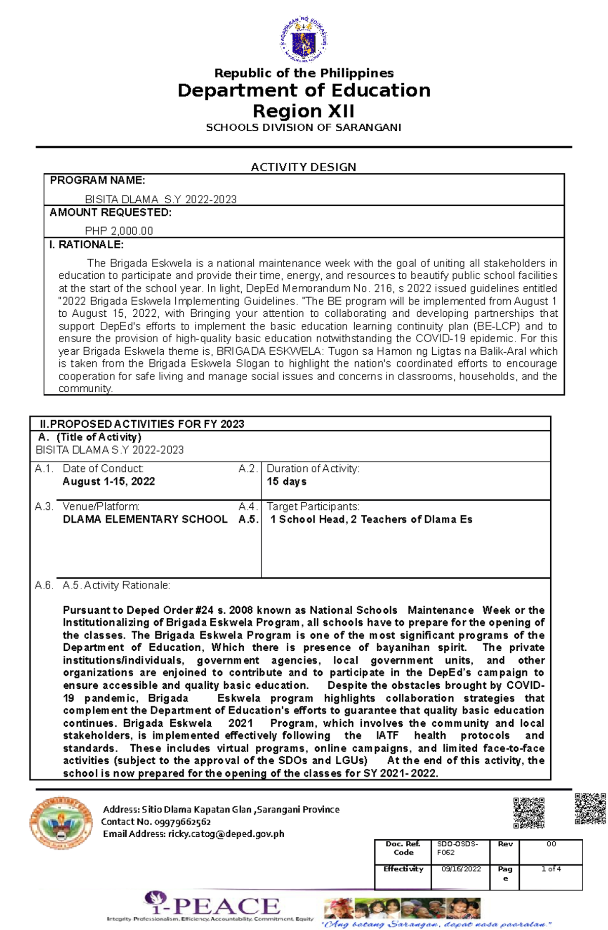 Activity Design - Department of Education Region XII SCHOOLS DIVISION ...