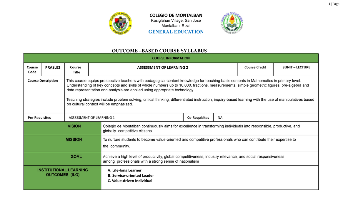 Syllabus Assessment of Learning 2 - COLEGIO DE MONTALBAN Kasiglahan ...