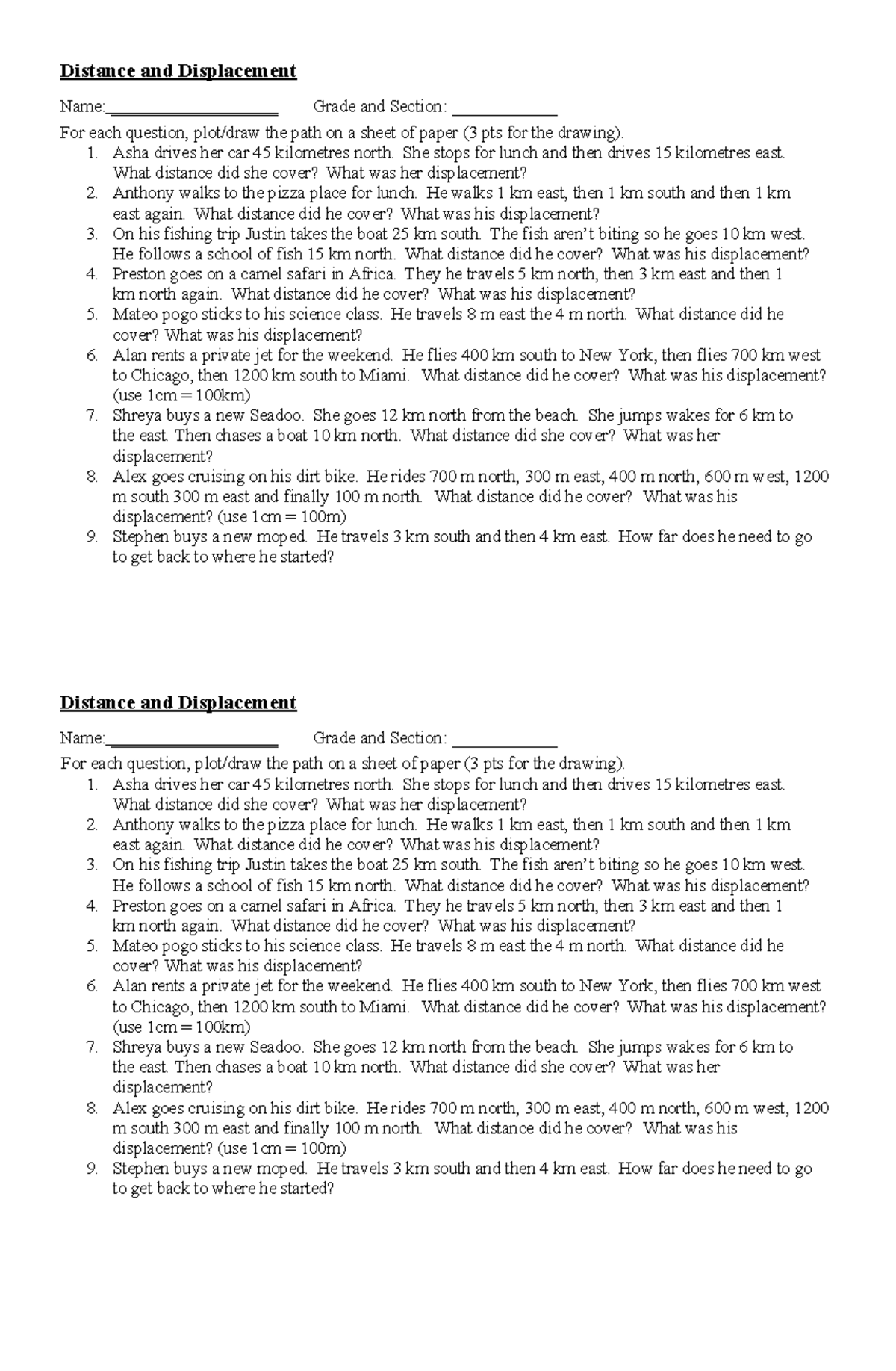 Distance and Displacement Worksheet - Distance and Displacement Name