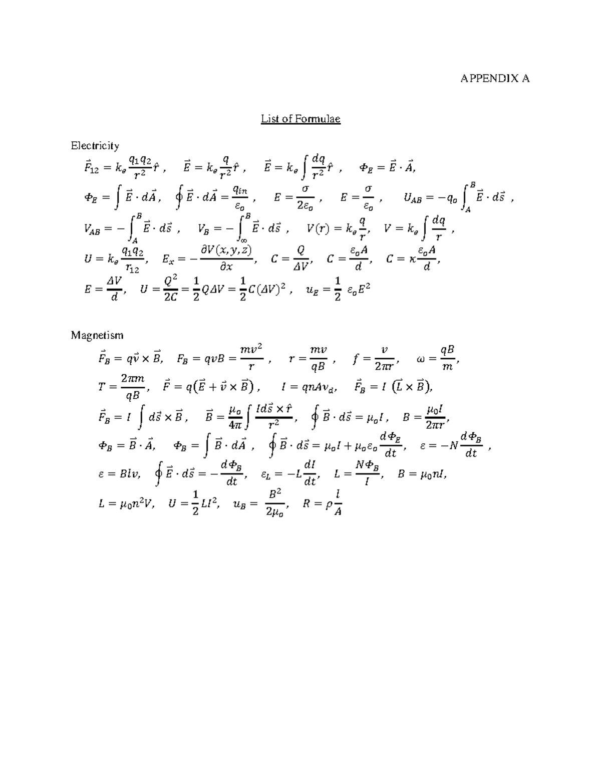 List of Formulae and Universal Constants - APPENDIX A List of Formulae ...