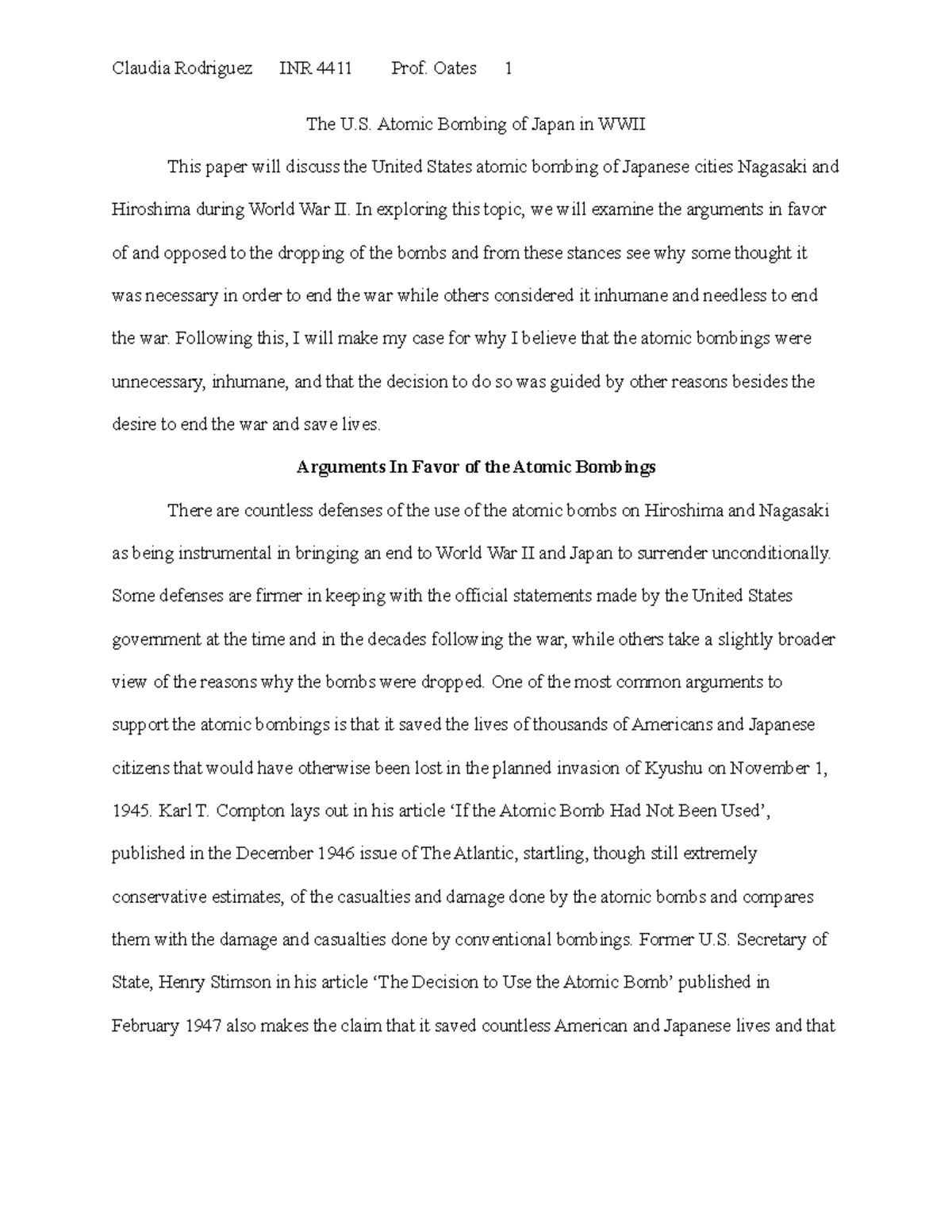 The U.S. Atomic Bombing of Japan in WWII - Claudia Rodriguez INR 4411 ...