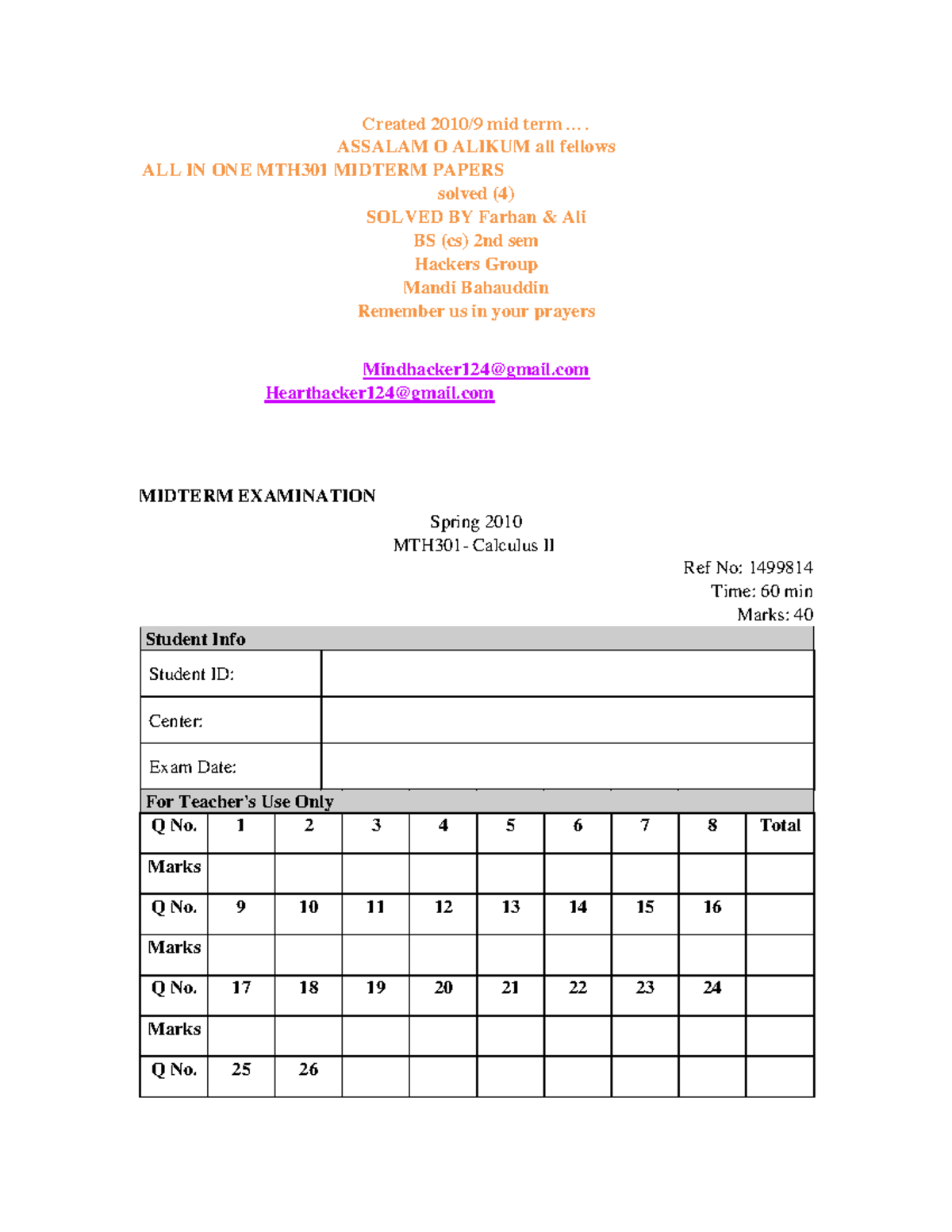 MTH301 Midterm MEGA Solved FILE - calculus II - VU - Studocu