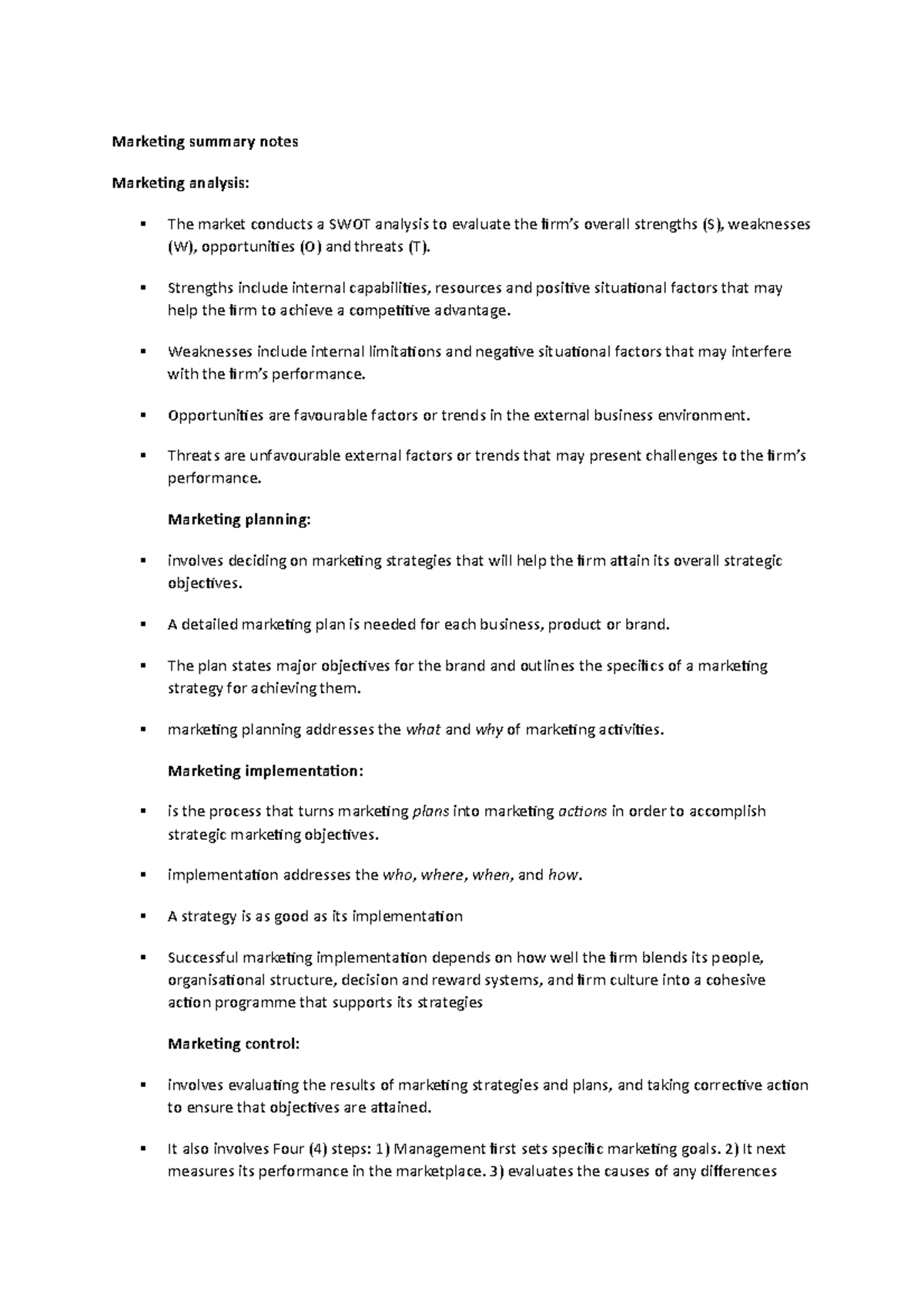 Marketing summary notes 4 - Marketing summary notes Marketing analysis ...