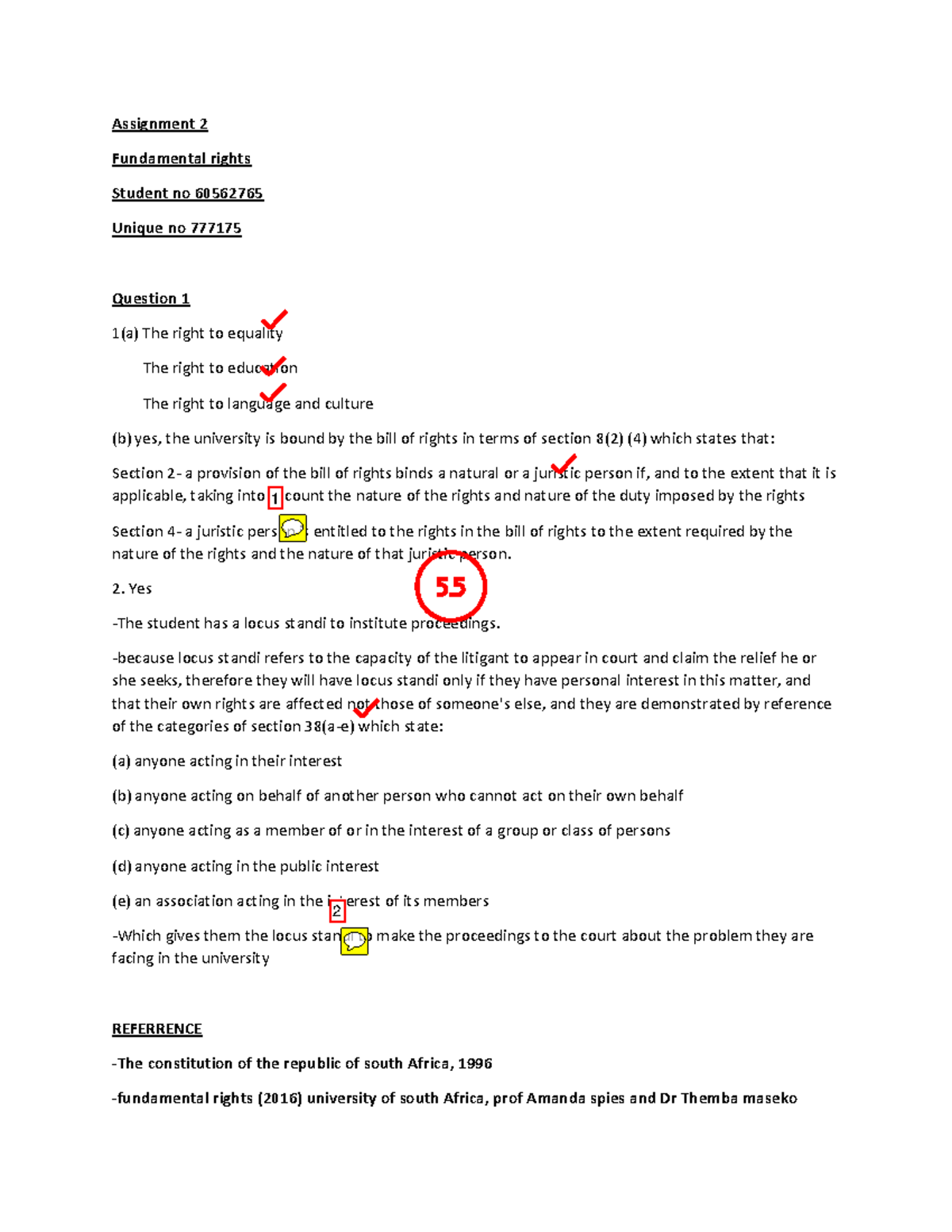 Marked assignment fur2601 - Assignment 2 Fundamental rights Student no 60562765 Unique no 777175 ...