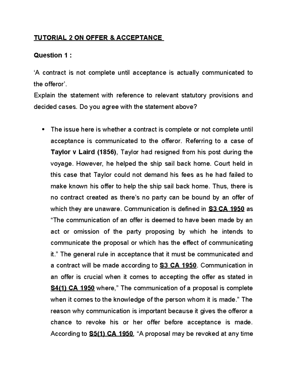 Tutorial 2 ON Offer - TUTORIAL 2 ON OFFER & ACCEPTANCE Question 1 : ‘A ...