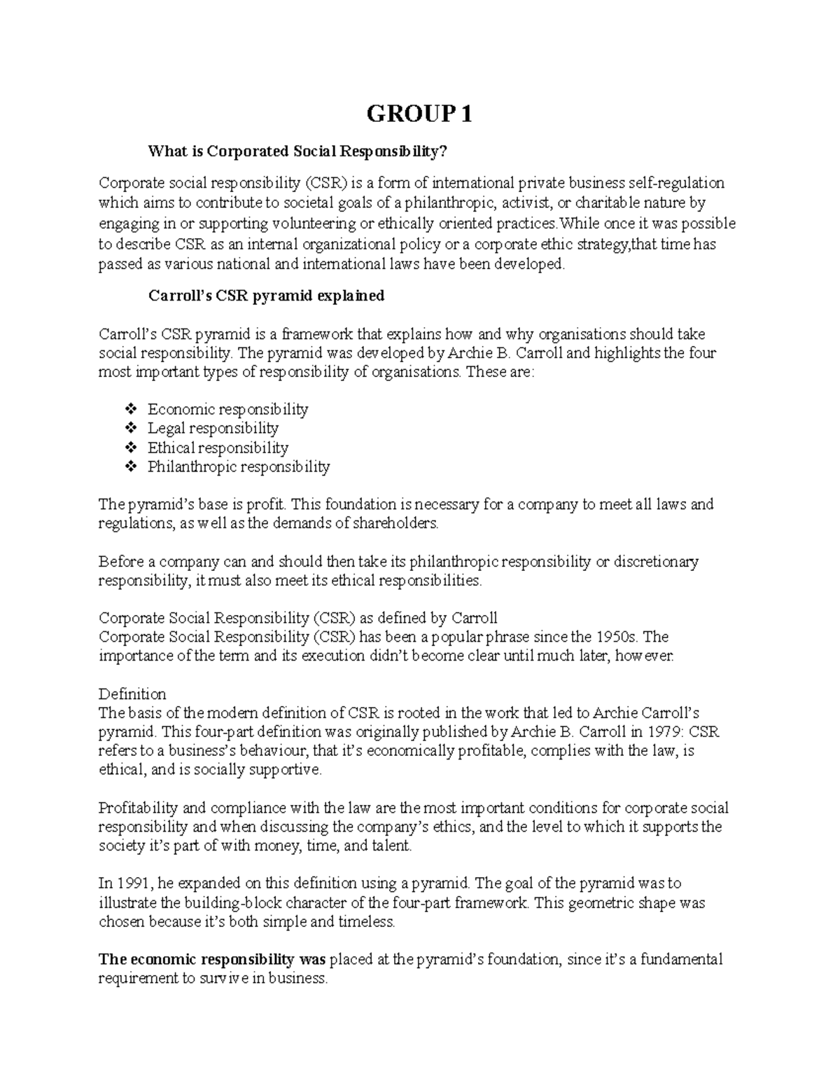 CSR - CSR - GROUP 1 What is Corporated Social Responsibility? Corporate ...