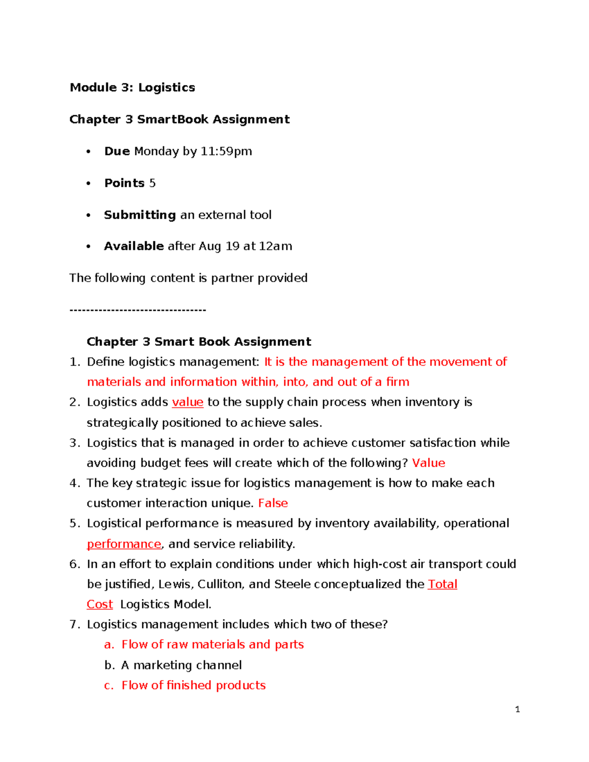 Module 3 ACM600 10205 Ch3 Smart Book Assign - Module 3: Logistics ...