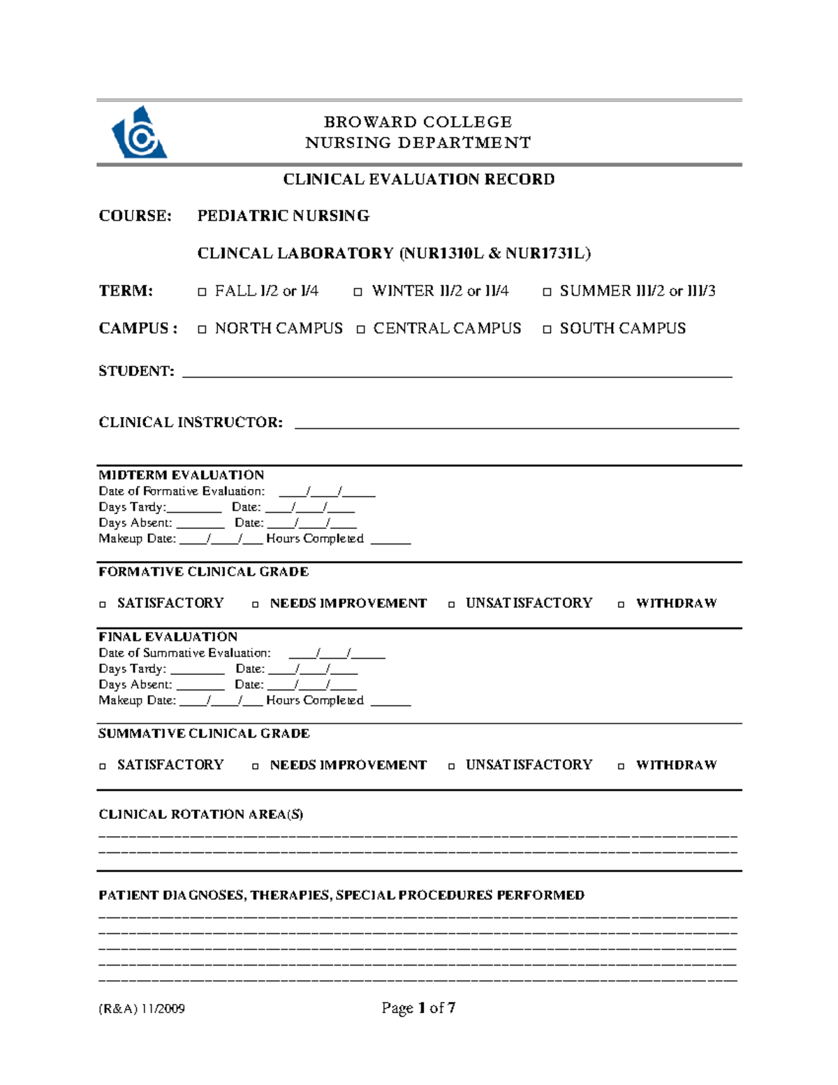 Broward College Pediatric Evaluation Form New 2023 - BROWARD COLLEGE ...
