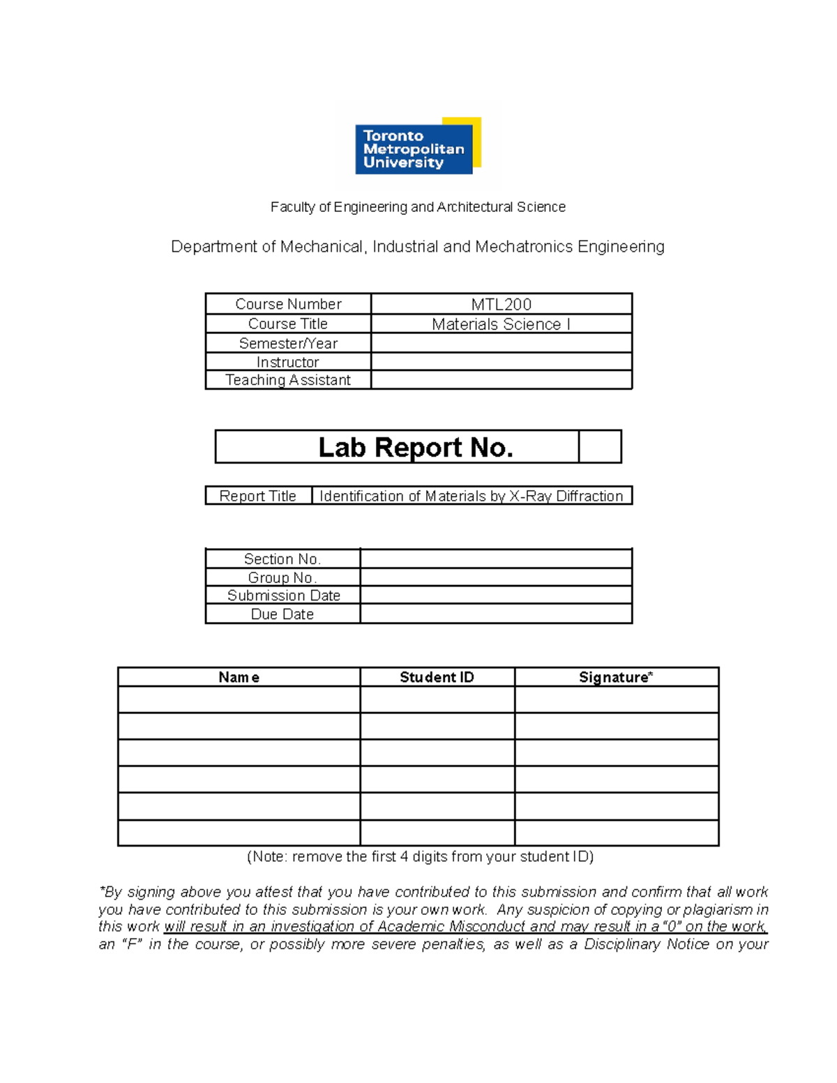 MTL Xray Diff Lab - Faculty of Engineering and Architectural Science ...