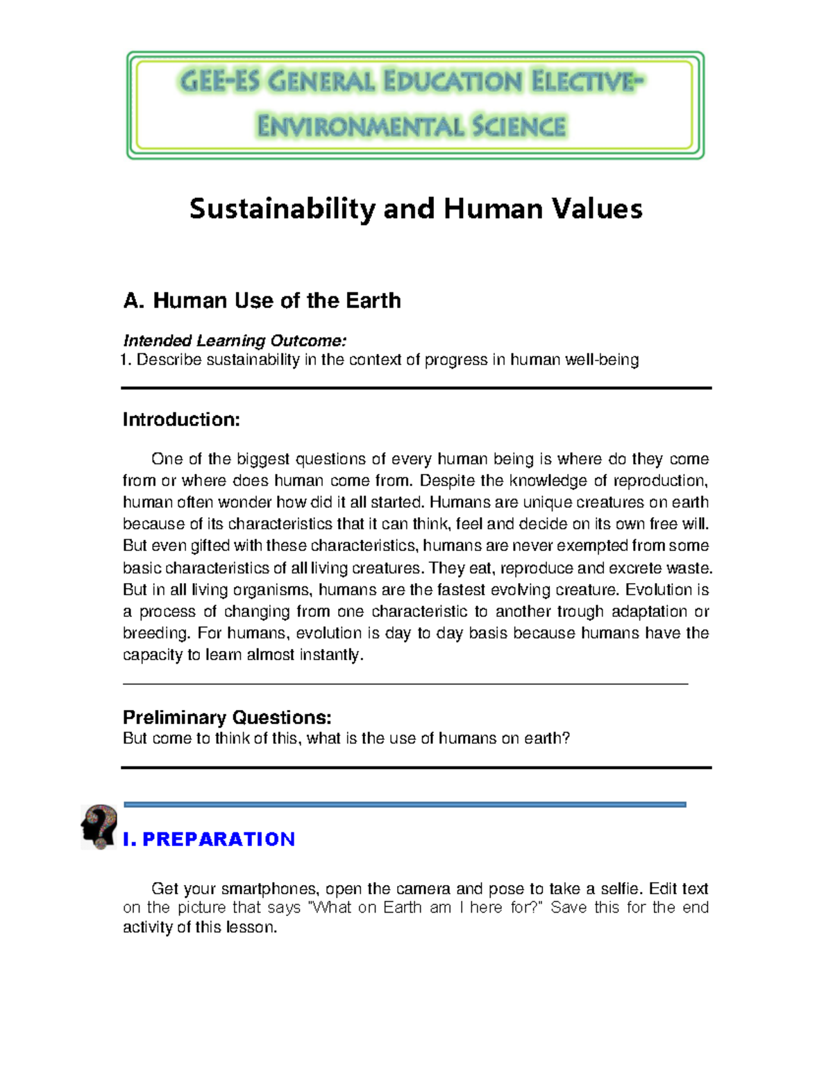 GEE ES Module 5 Sustainability and Human Values - Sustainability and ...
