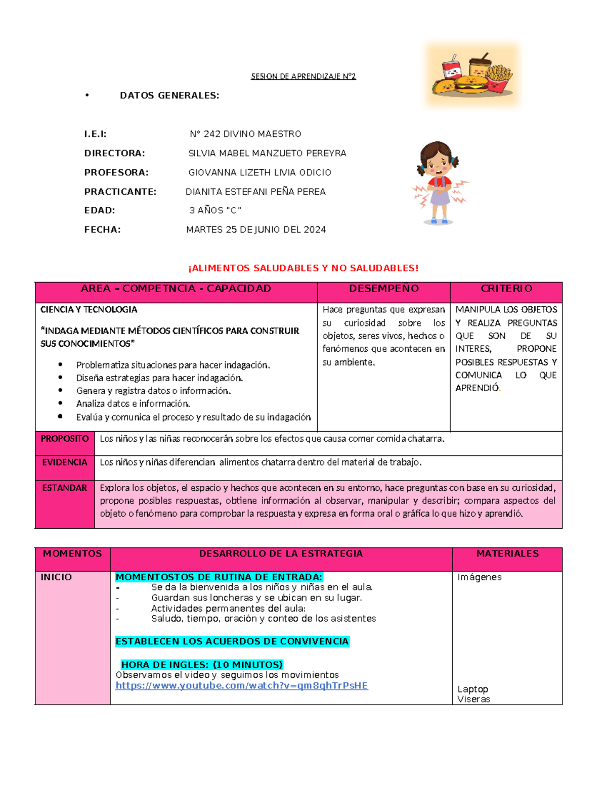 Alimentos nutritivos y no nutritivos - SESION DE APRENDIZAJE N° DATOS GENERALES: I.E: N° 242 ...