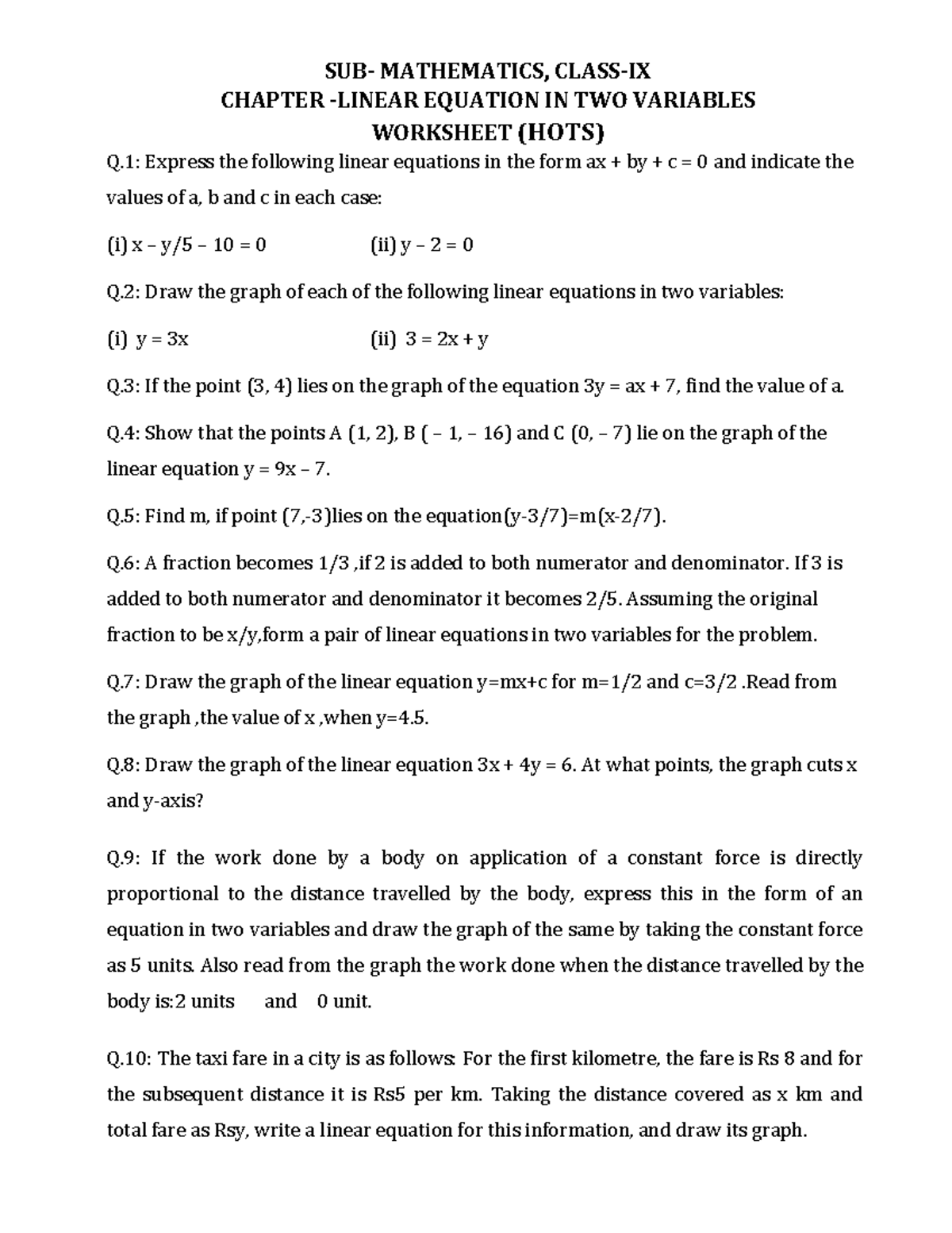 WS-HOTS- Linear Equation-9 - SUB- MATHEMATICS, CLASS-IX CHAPTER -LINEAR ...