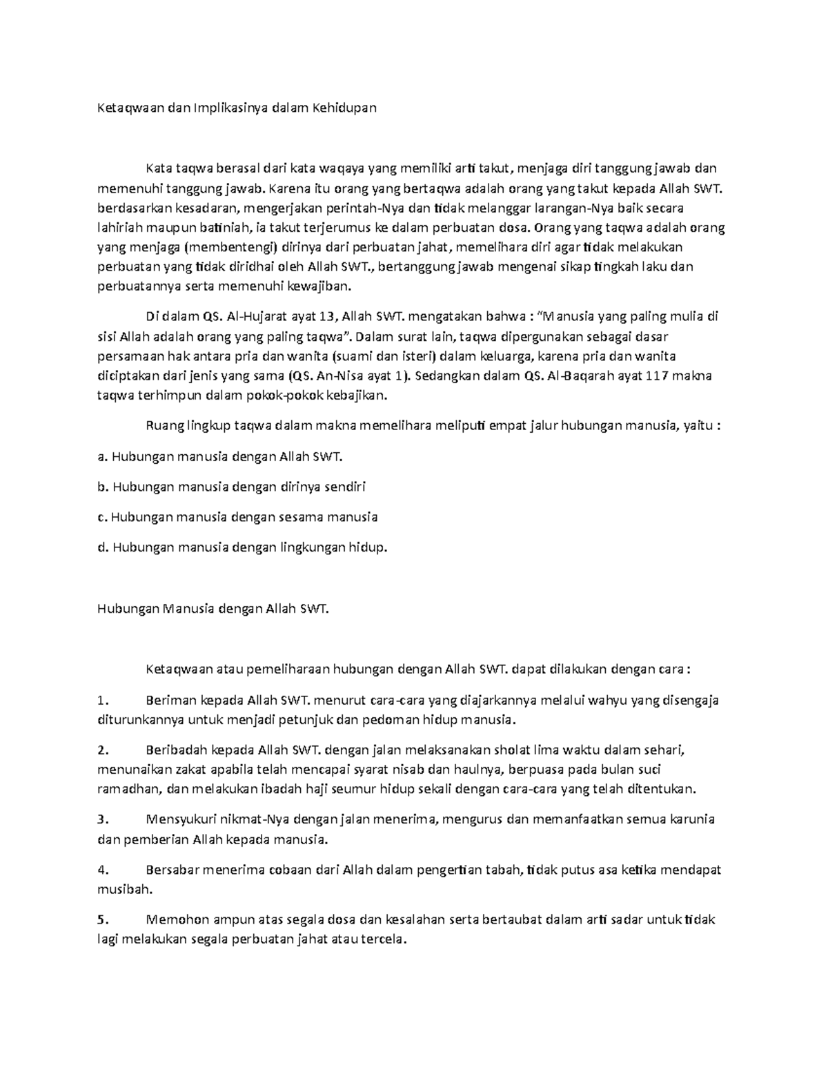 Ketaqwaan dan Implikasinya dalam Kehidupan - Karena itu orang yang ...