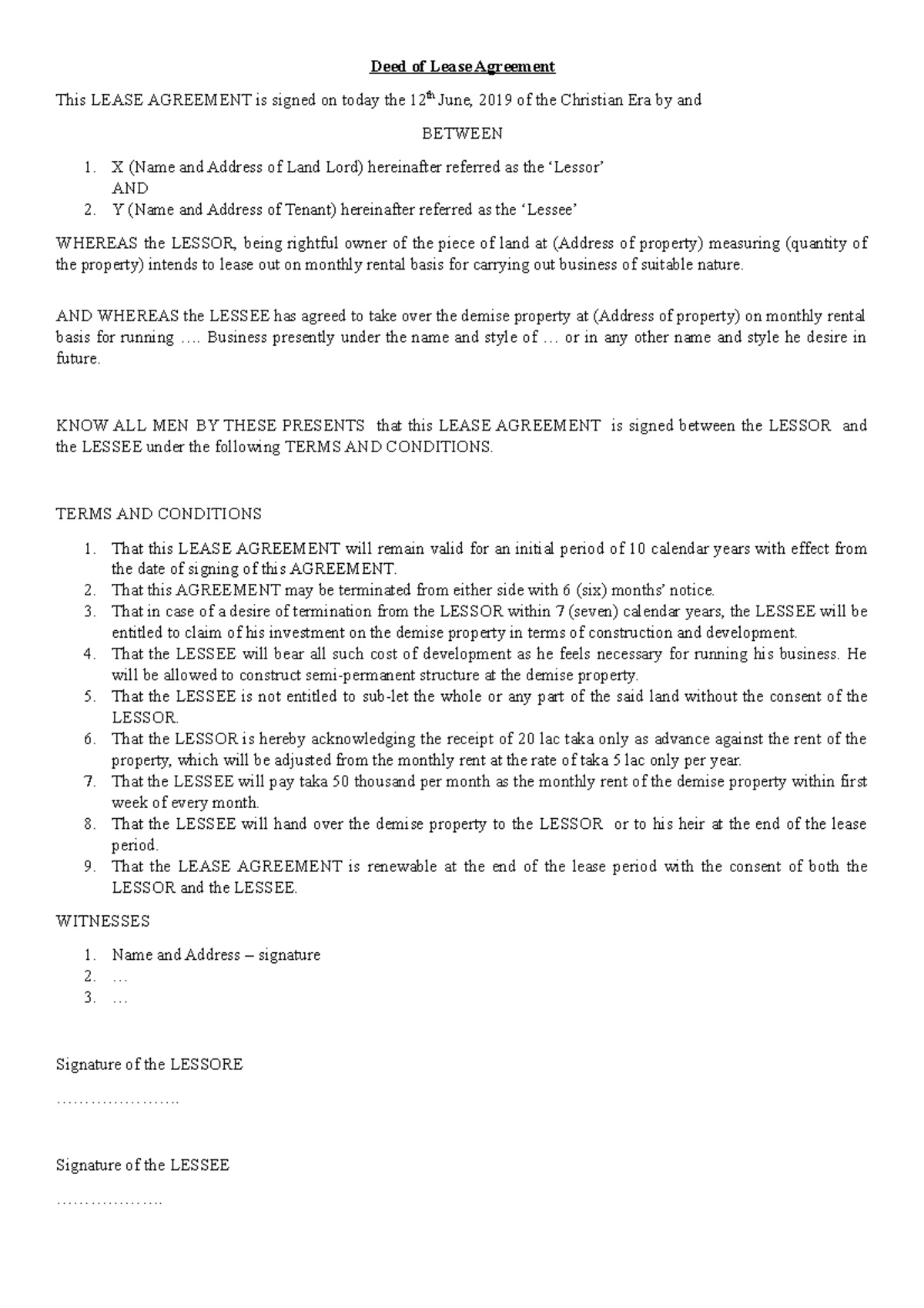 Lease Deed - deed - Deed of Lease Agreement This LEASE AGREEMENT is ...