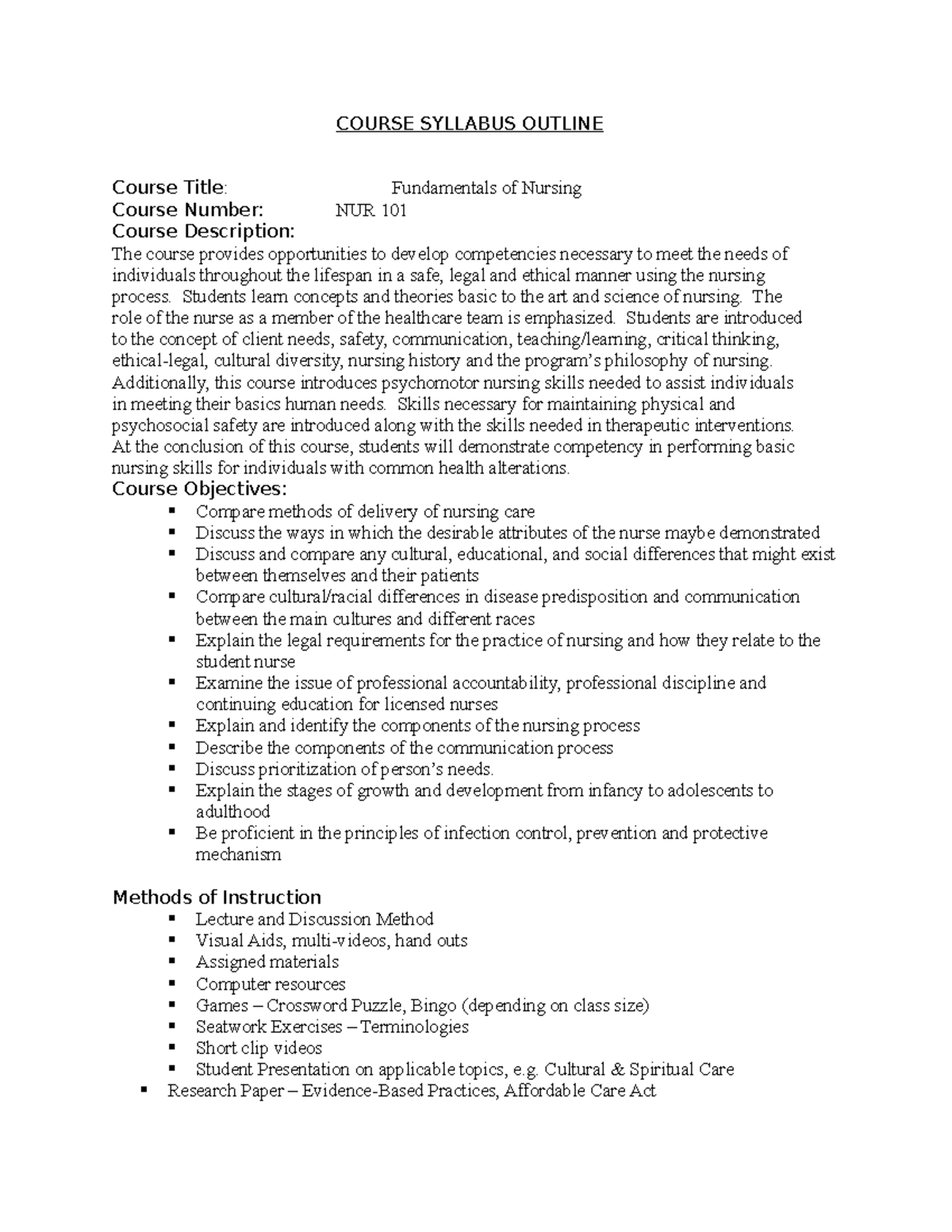 NUR+101-Fundamentalsof+Nuring+-WK+ - COURSE SYLLABUS OUTLINE Course ...