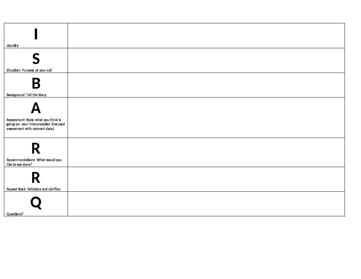 Blank Isbarrq Form - NUR 283 - I Identify: S Situation: Purpose of your ...