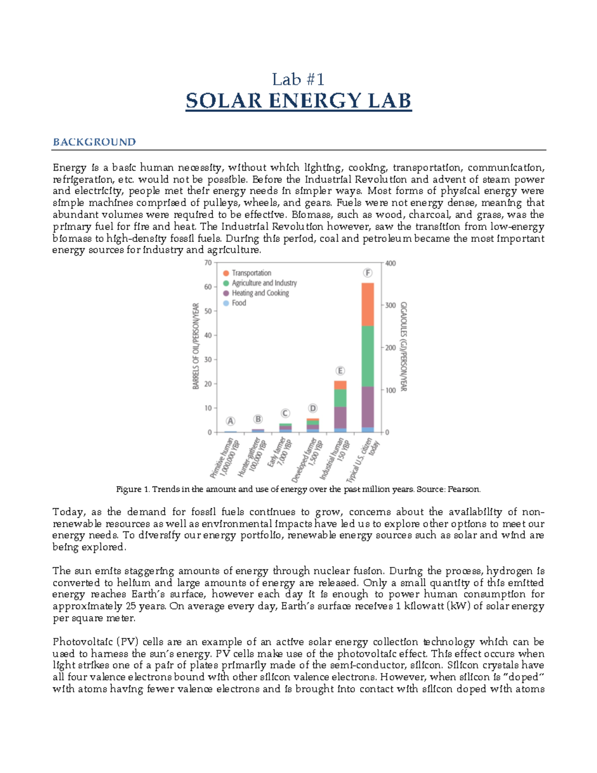 Solar Lab #1 : spring 2020 - Lab SOLAR ENERGY LAB BACKGROUND Energy is ...