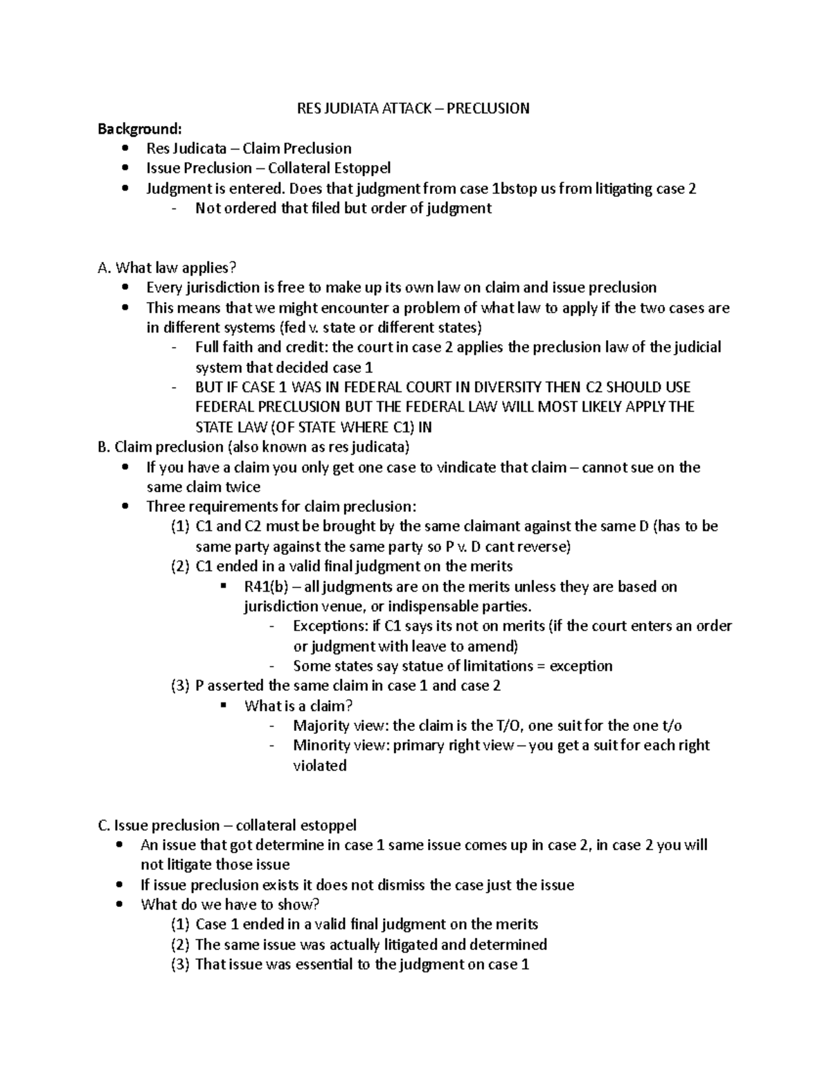 RES Judiata Attack - RES JUDIATA ATTACK – PRECLUSION Background: Res ...