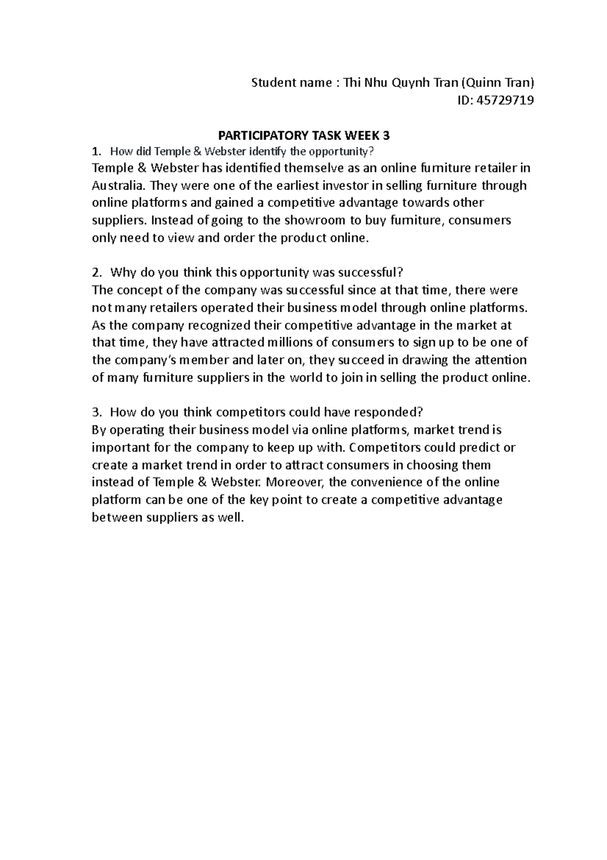 Participatory task week 3 - Student name : Thi Nhu Quynh Tran (Quinn Tran) ID: 45729719 - Studocu