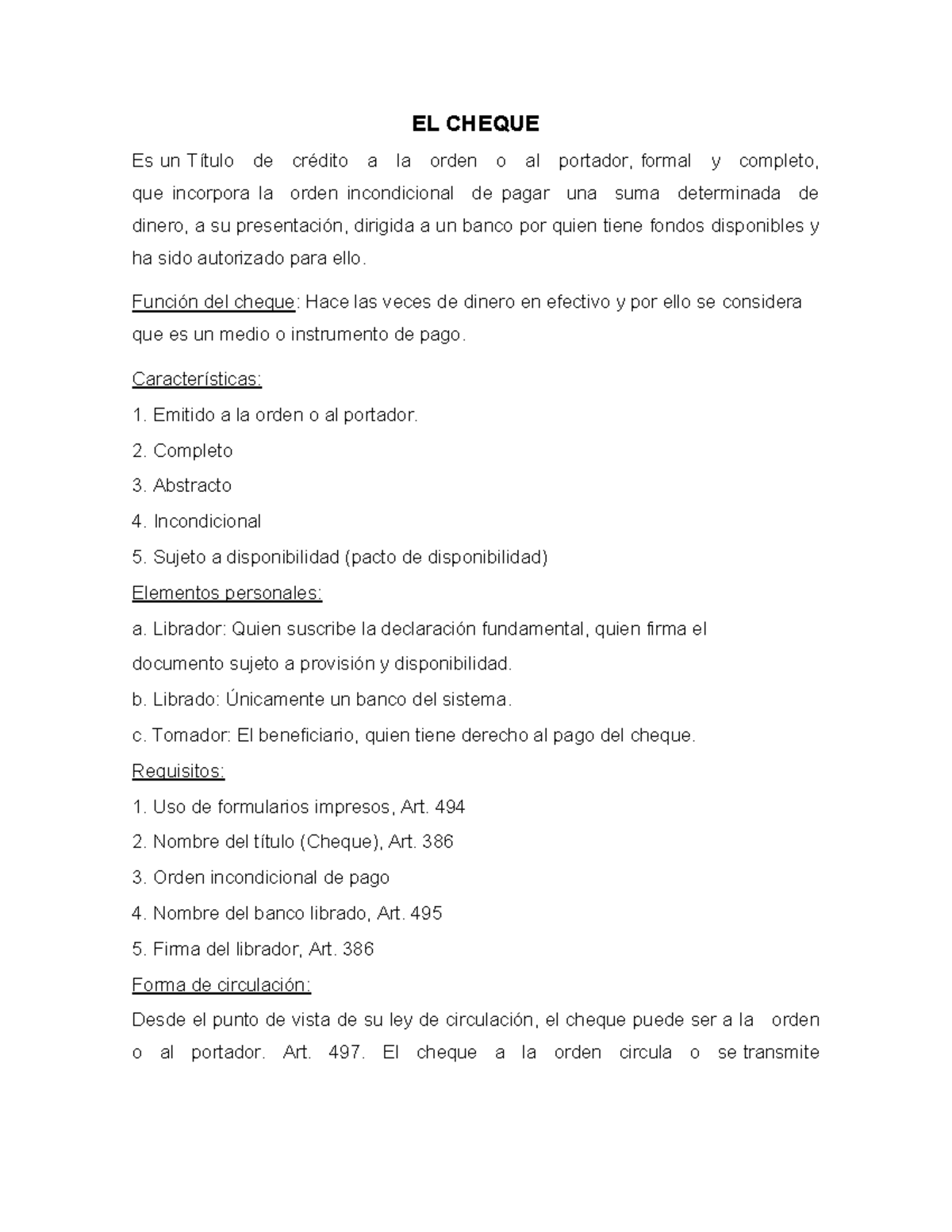 EL Cheque - Derecho mercantil - EL CHEQUE Es un Título de crédito a la ...