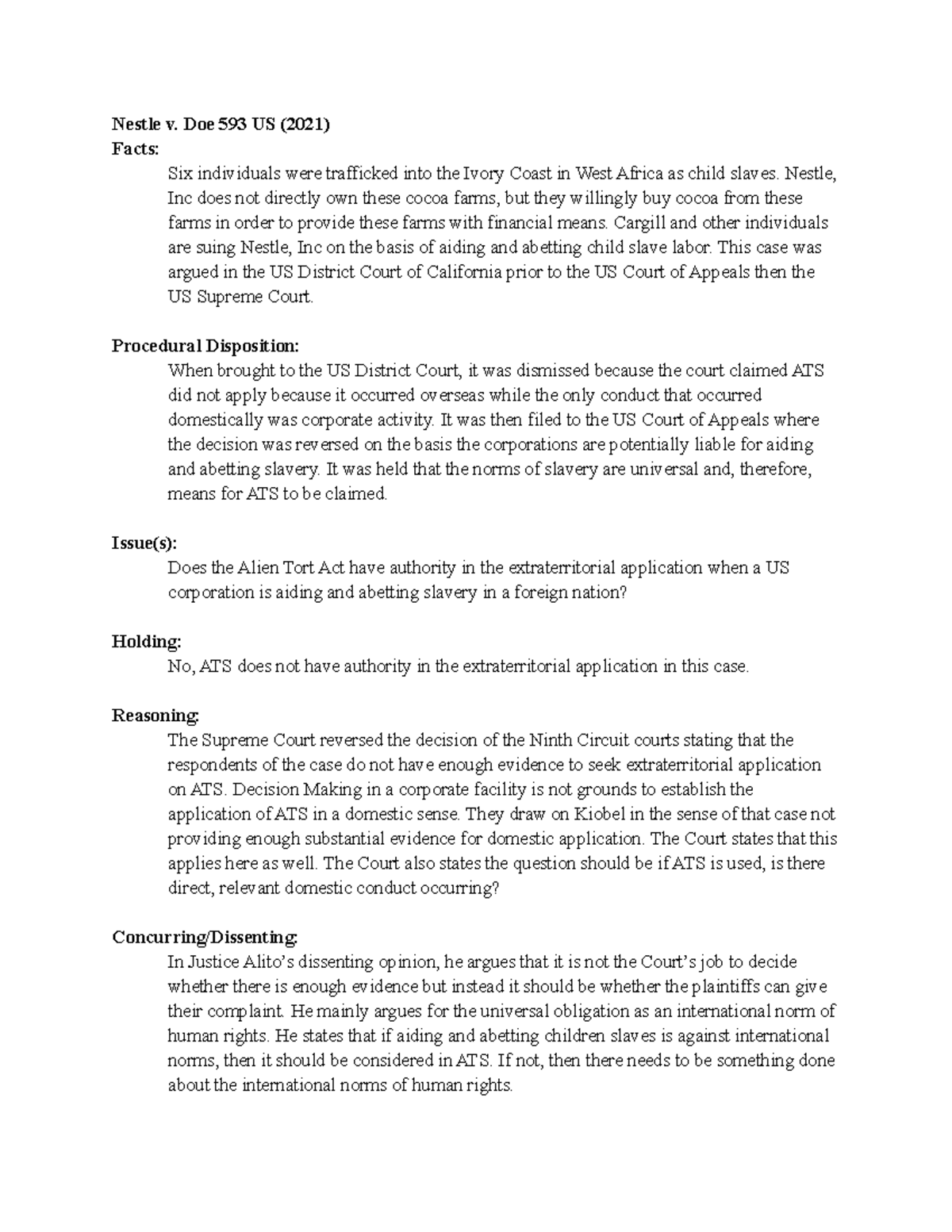 Nestle v. Doe - Case Brief - Nestle v. Doe 593 US (2021) Facts: Six ...