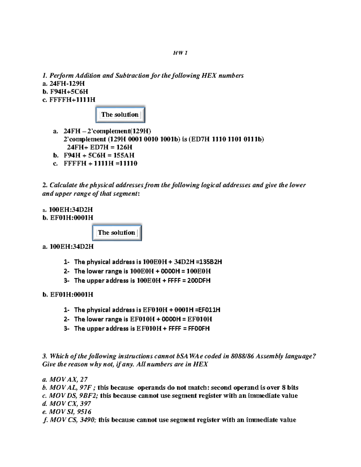 HW1 question Fall 2020 - HW 1 1. Perform Addition and Subtraction for ...