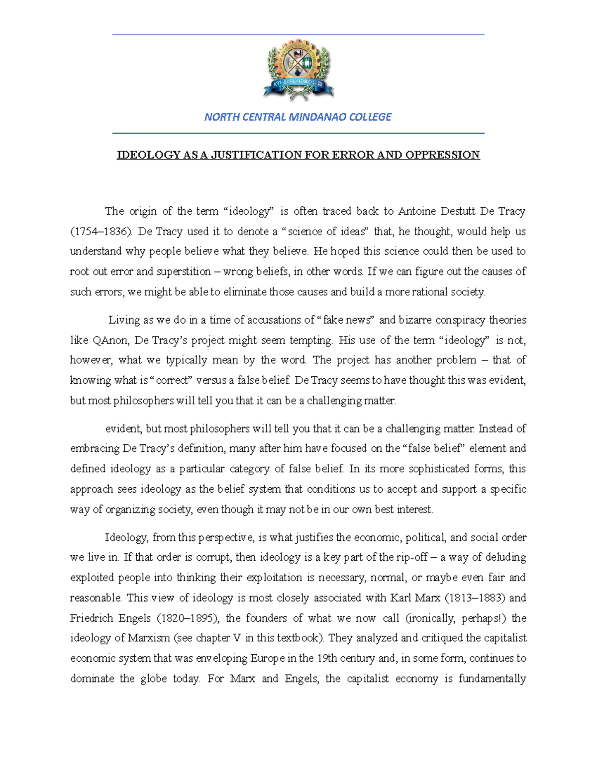 Ideology AS A Justification FOR Error AND Oppression - NORTH CENTRAL ...