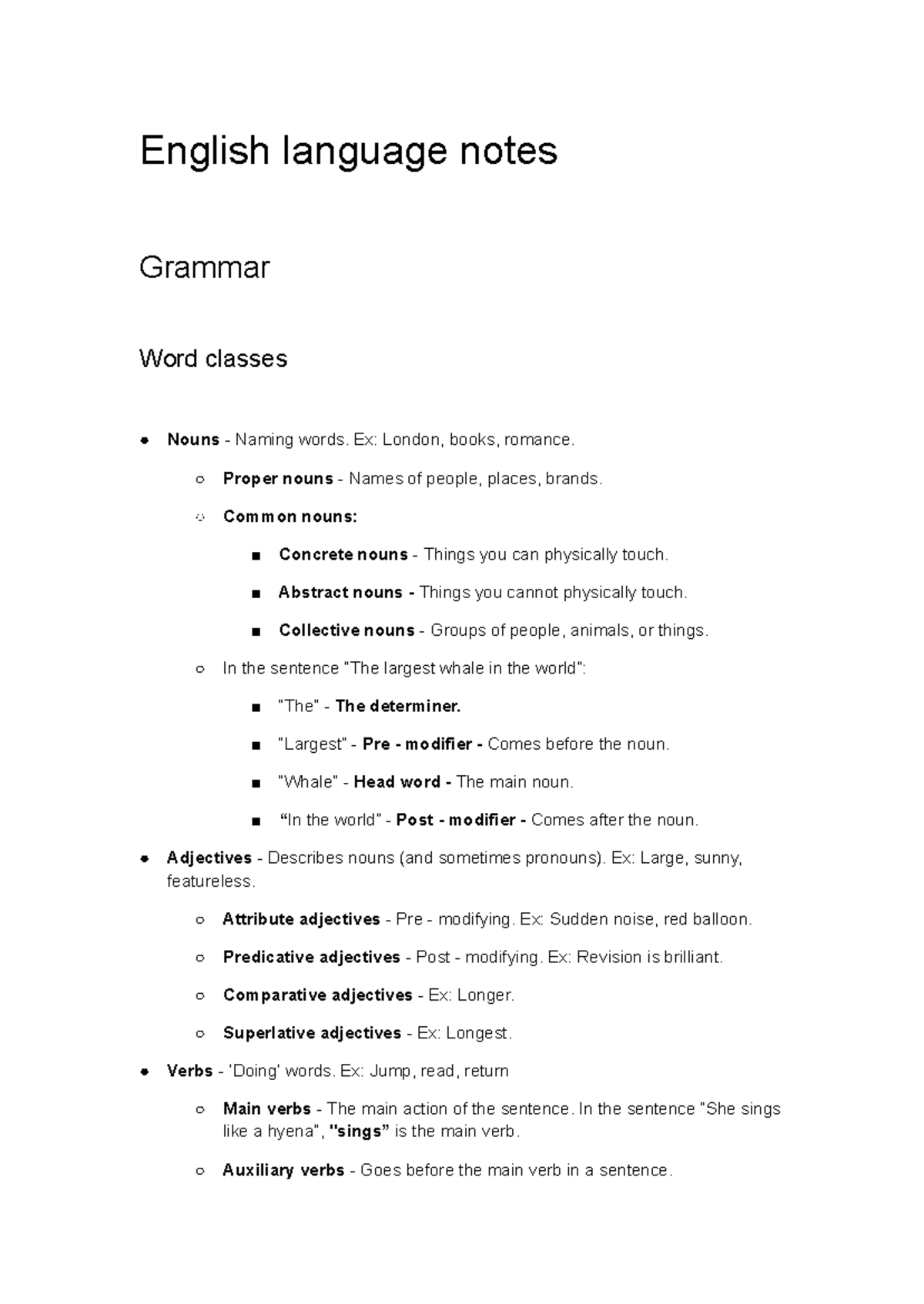 English Language Notes - English language notes Grammar Word classes ...
