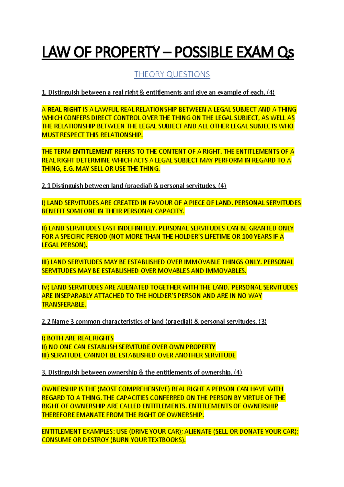 Property Short Answer QS - LAW OF PROPERTY – POSSIBLE EXAM Qs THEORY ...