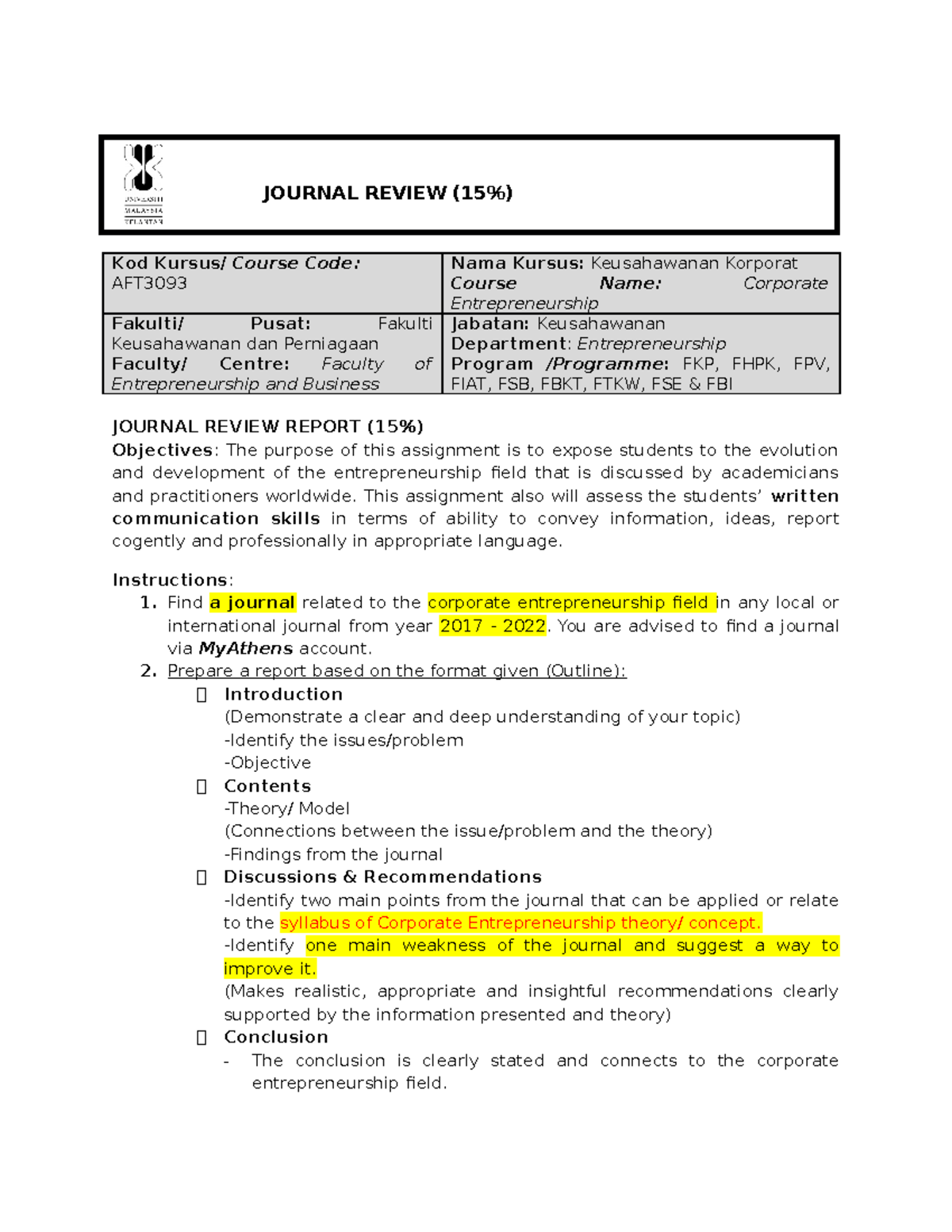 Guideline AFT3093 - Journal Review Report (15%) - JOURNAL REVIEW (15% ...