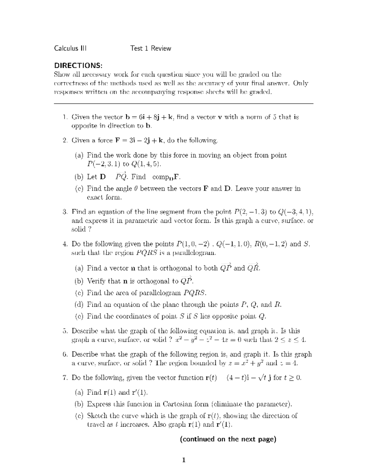 Test 1 Review Calc3 - MATH 158 - Studocu
