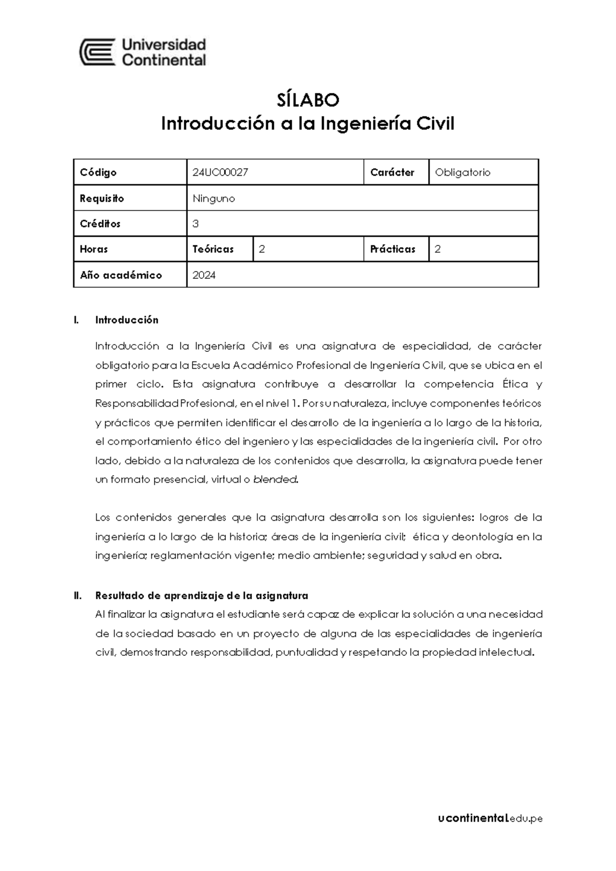 DO FIN 105 SI 24UC00027 2024 - SÍLABO Introducción a la Ingeniería Civil Código 24UC00027 ...