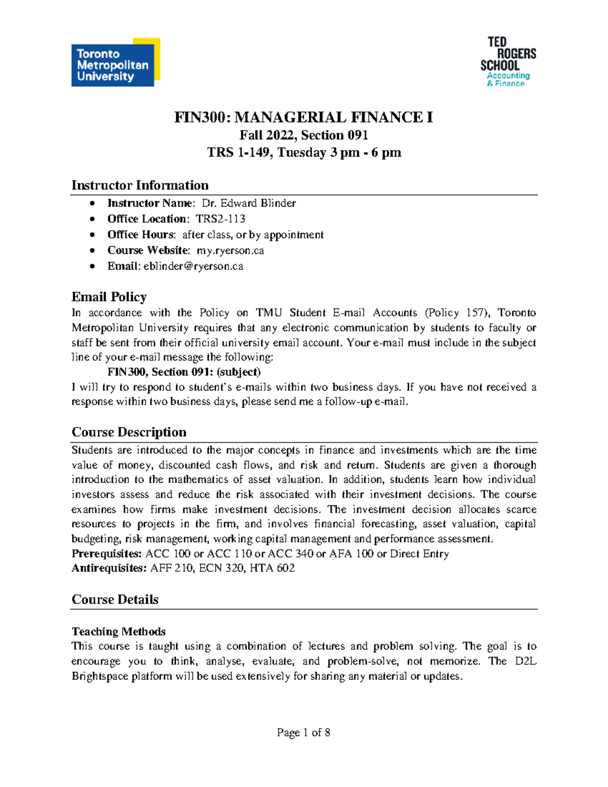 FIN 300 Fall 2022 Course Outline Tuesday - FIN 300 : MANAGERIAL FINANCE ...