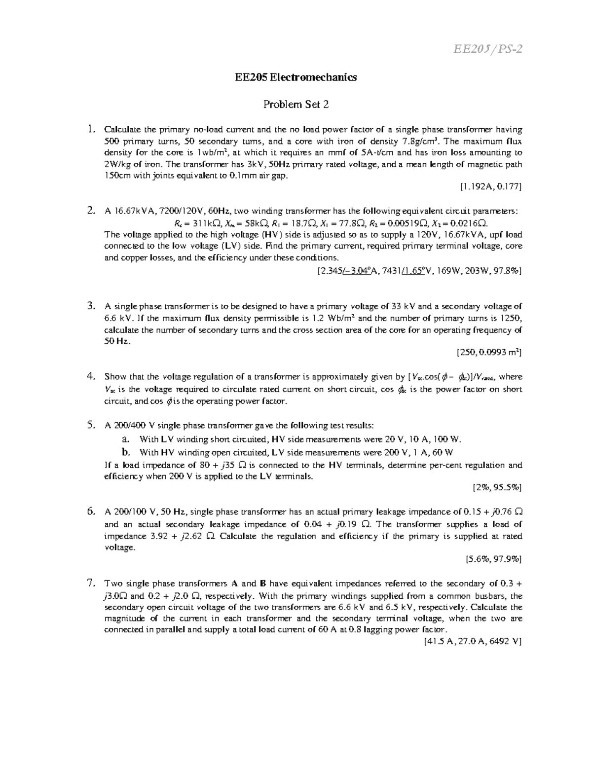 EE205 Problem set 2 - everything for transformer are here - EE205 Electromechanics Problem Set 2 ...