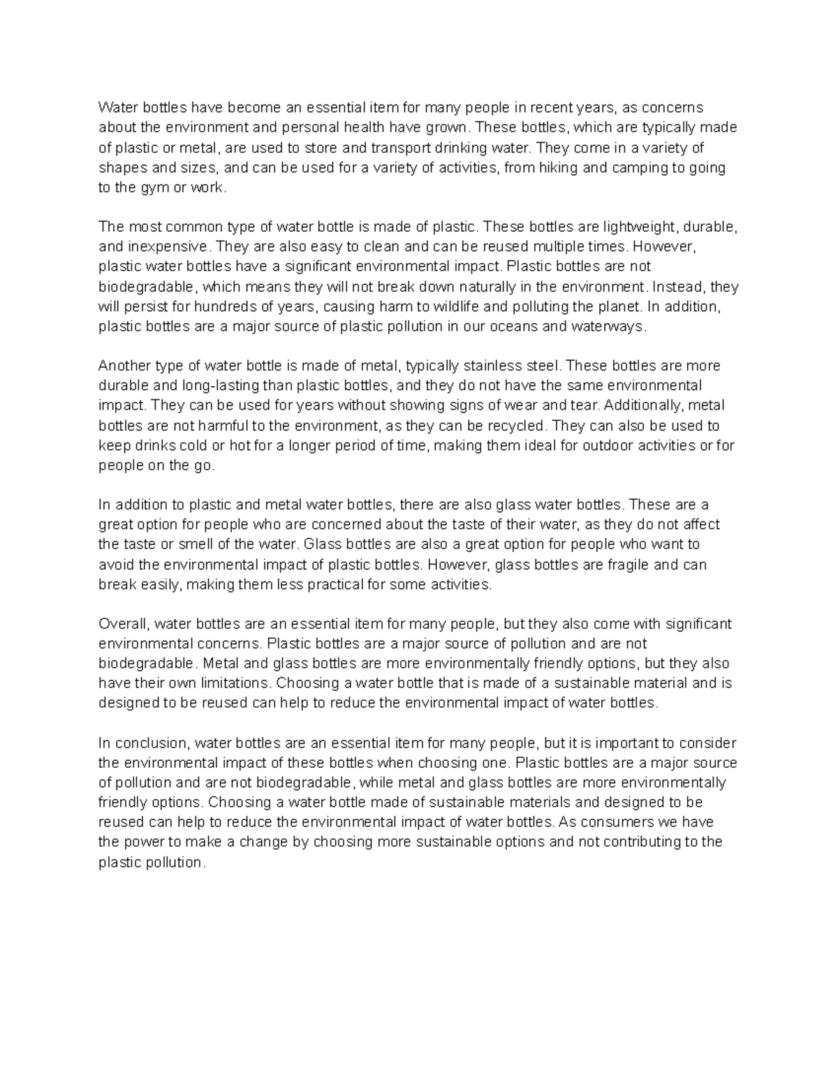 Water bottles essay - first sem - Water bottles have become an ...