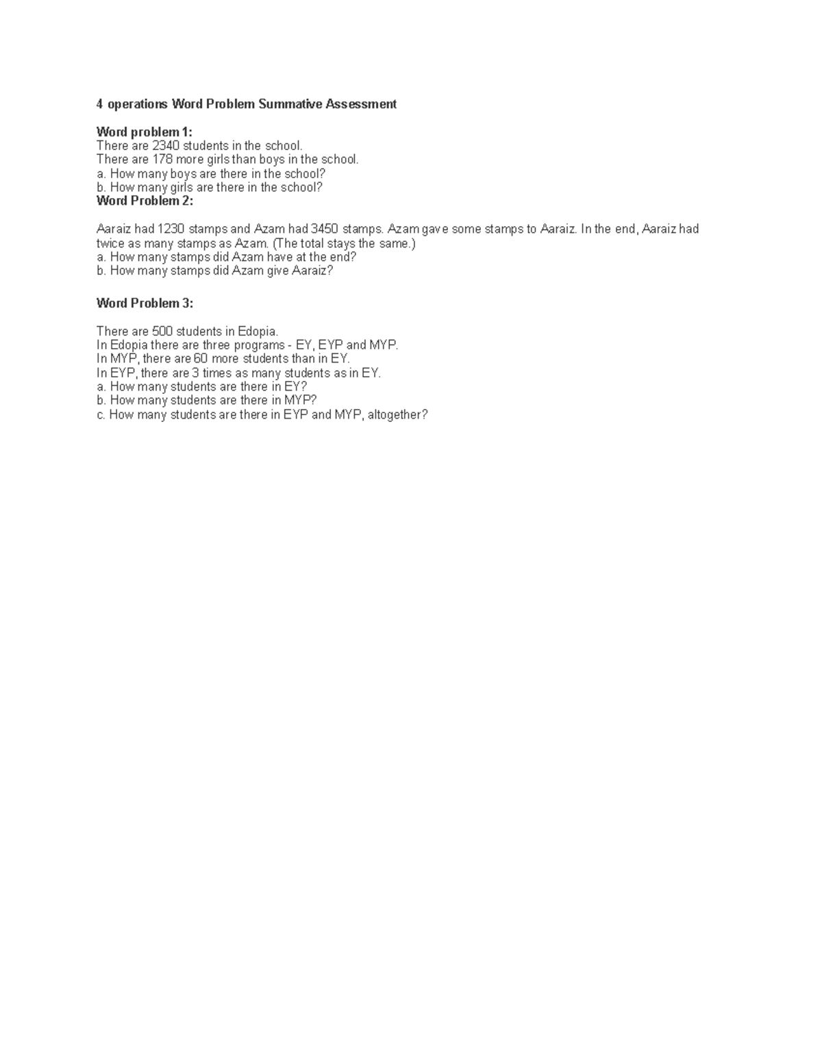 4 operations Word Problem Summative Assessment - There are 178 more ...