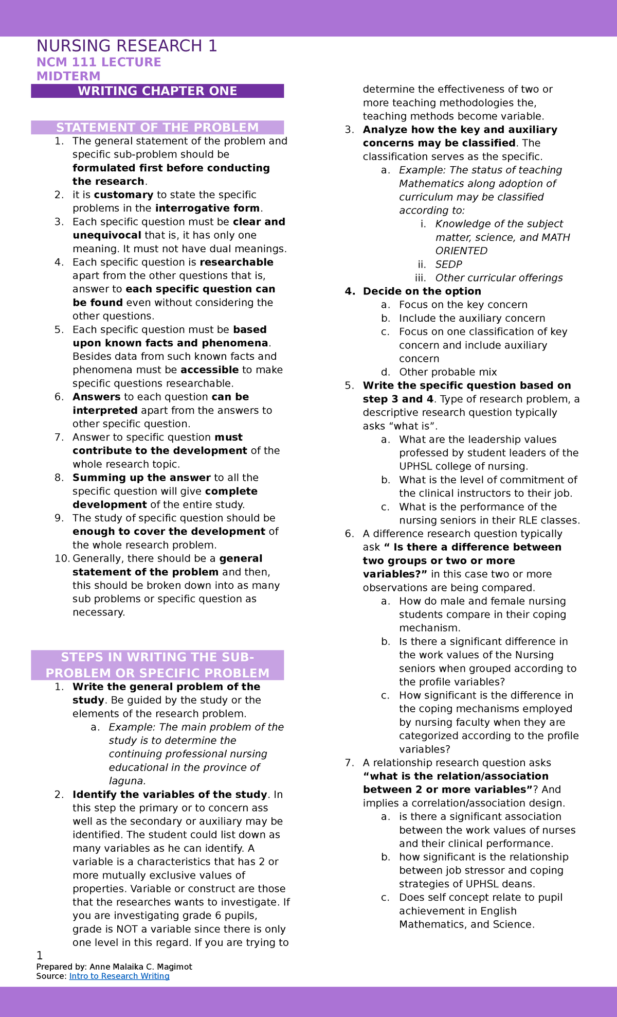 Midterm NCM-111-Lecture - NCM 111 LECTURE MIDTERM WRITING CHAPTER ONE STATEMENT OF THE PROBLEM 1 ...