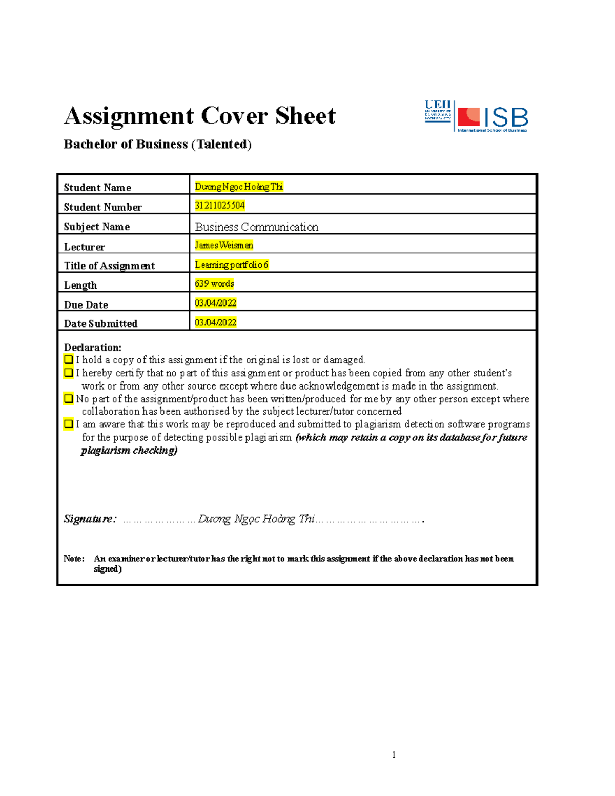Learning portfolio 6 _Business Communication - Assignment Cover Sheet ...