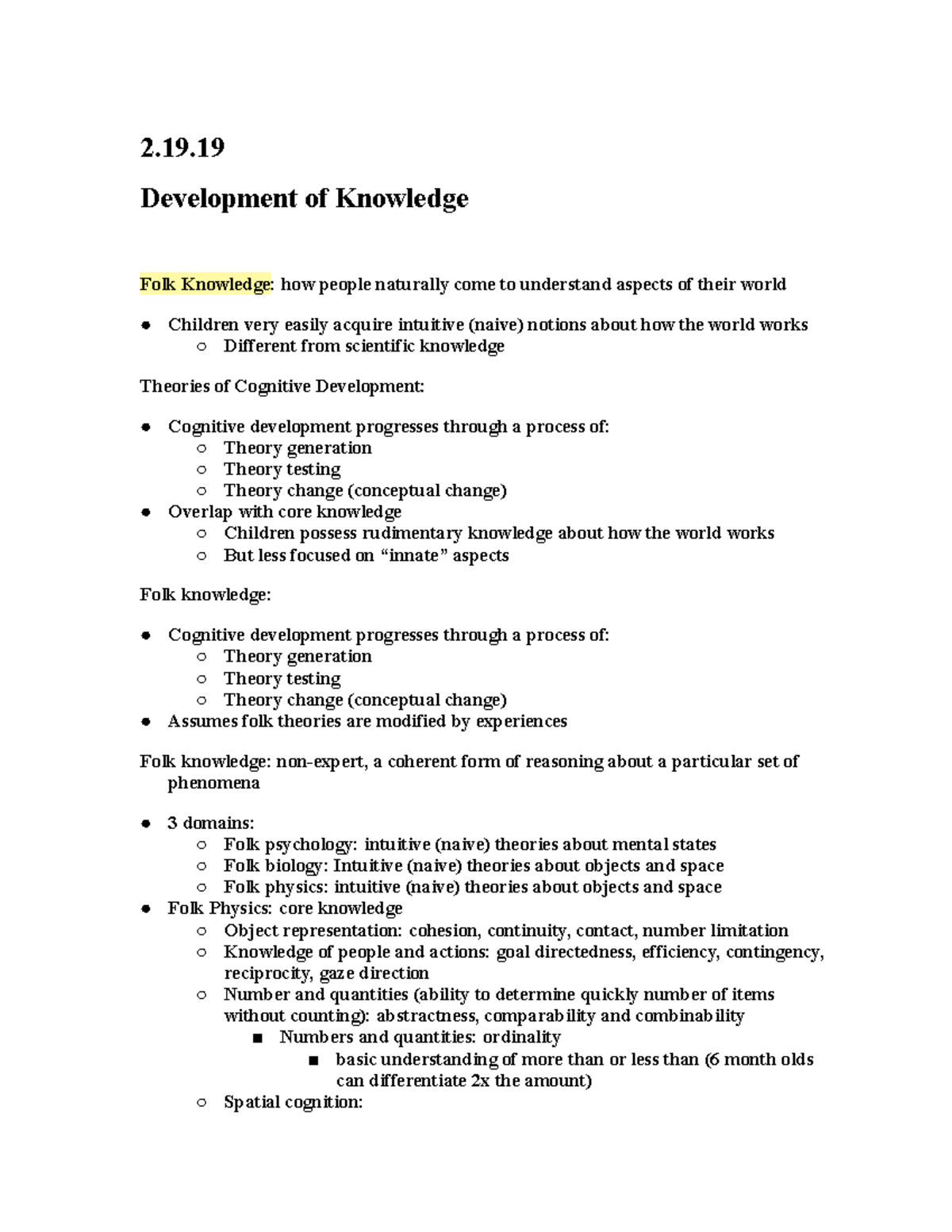 PSYC163 Lecture 9-10 - 2. Development of Knowledge Folk Knowledge: how ...