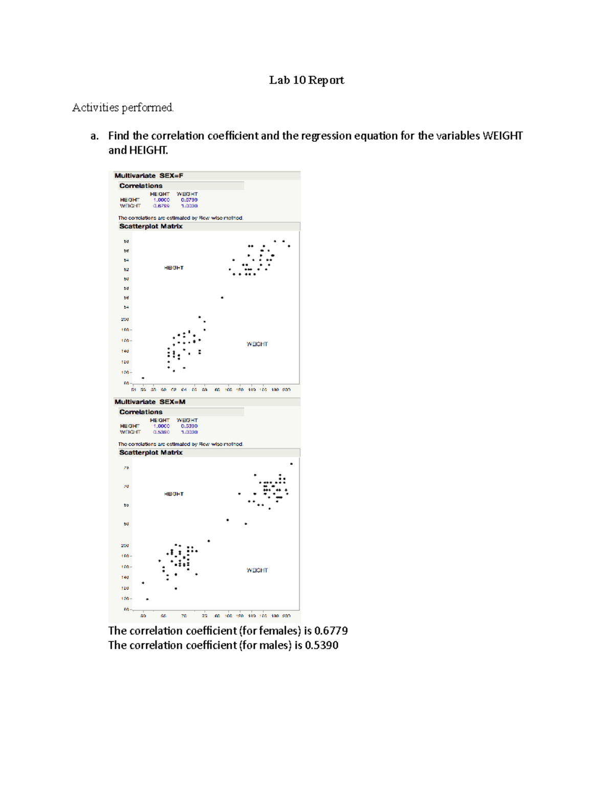 Lab 10 Report - Lab 10 - Lab 10 Report Activities performed. a. Find the correlation coefficient ...