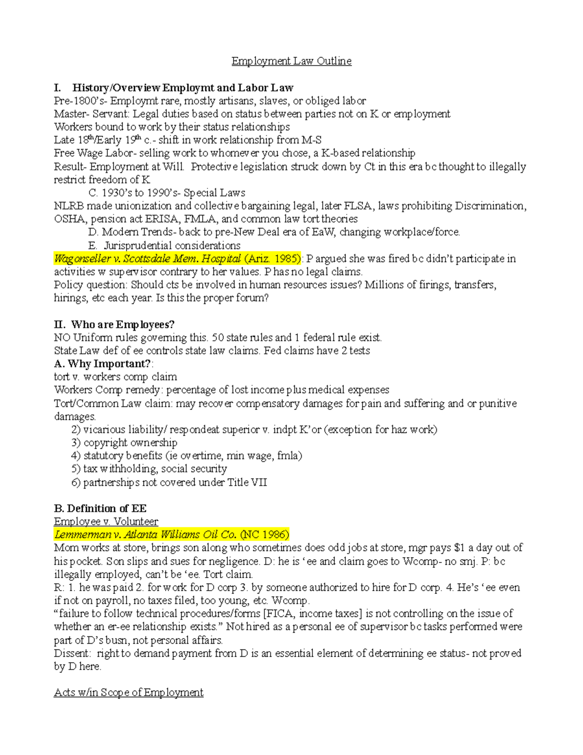 Employment-law-i-drummondsdoc - Employment Law Outline I. History ...