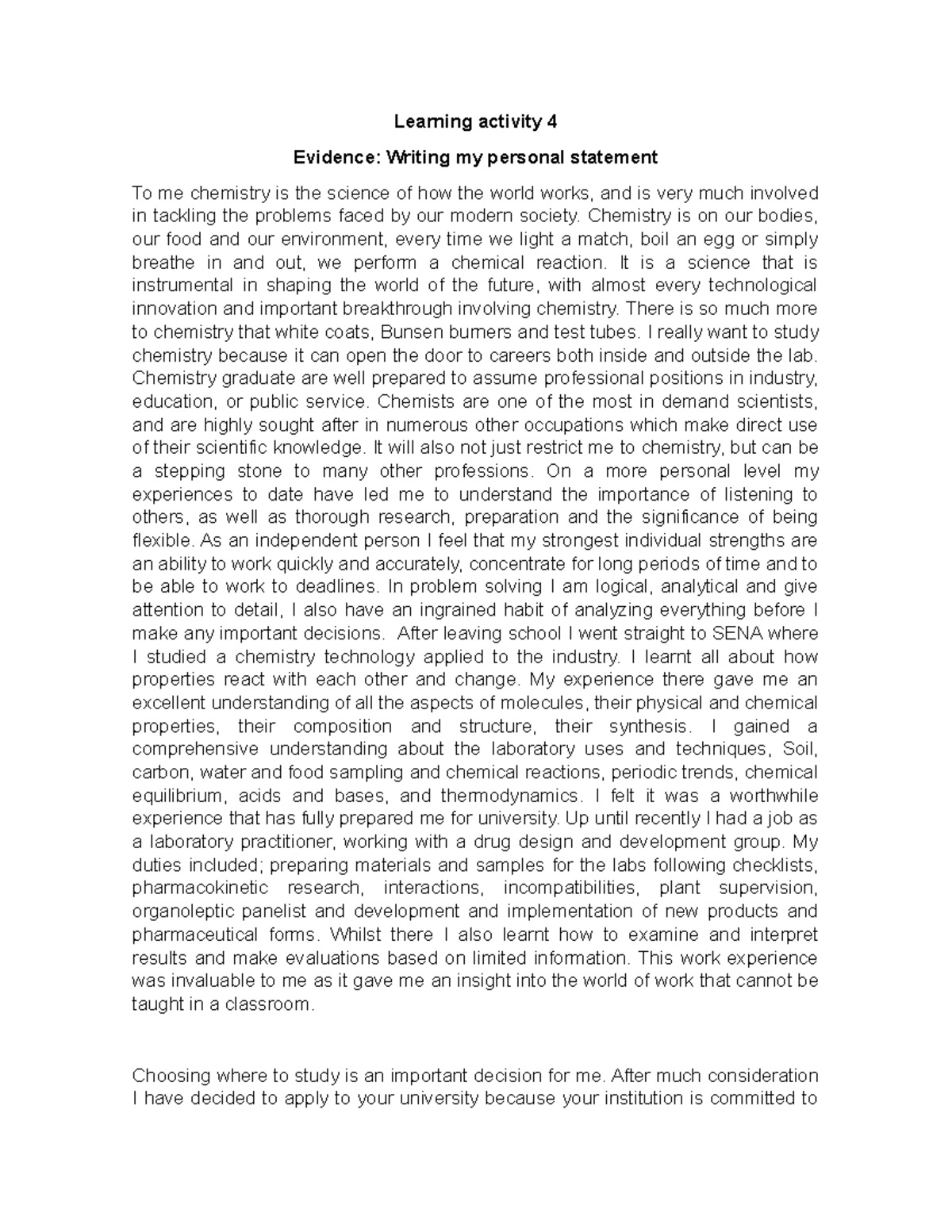 Learning activity 4 Evidence Writing my personal statement (Resuelto ...