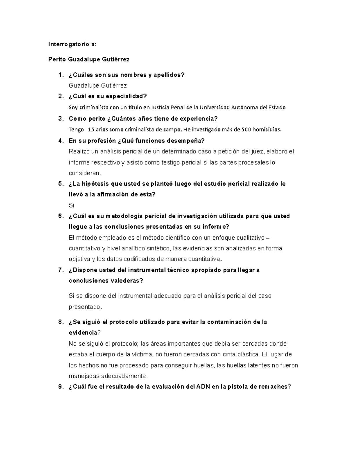 Interrogatorio a perito - Interrogatorio a: Perito Guadalupe Gutiérrez ...