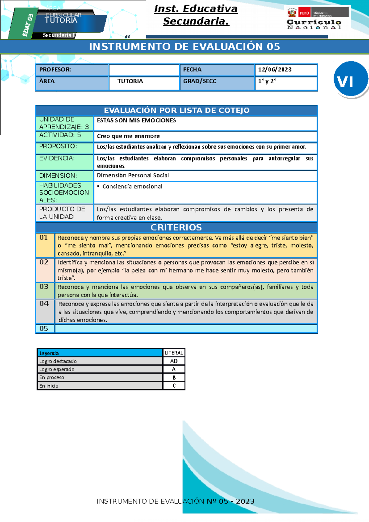 1° 2º LC 5 Tutoria UNI 3 SEM 05 - TUTORIA Secundaria EBR ÁREA CURRICULAR INSTRUMENTO DE ...