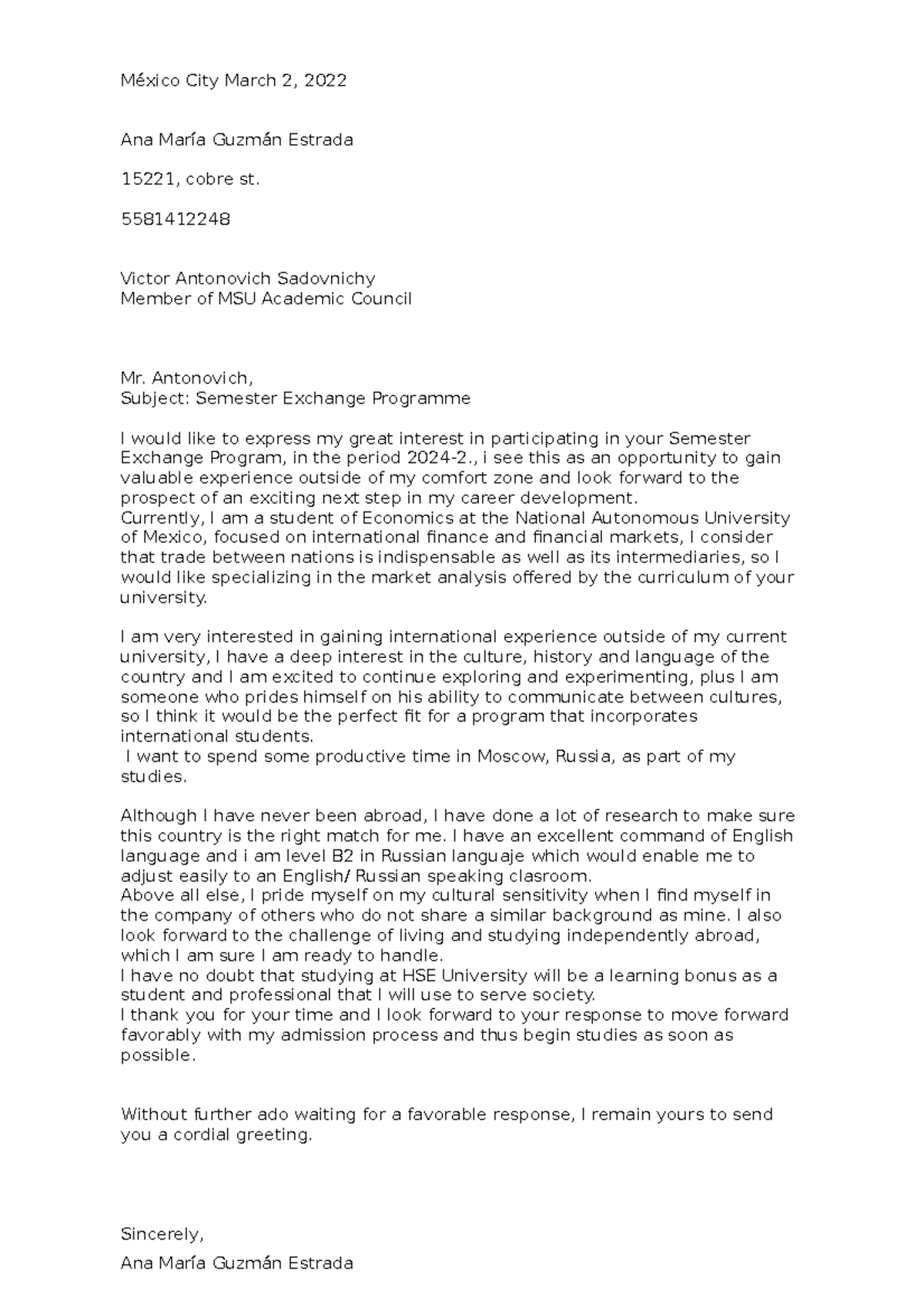 Semester Exchange Programme - México City March 2, 2022 Ana María ...