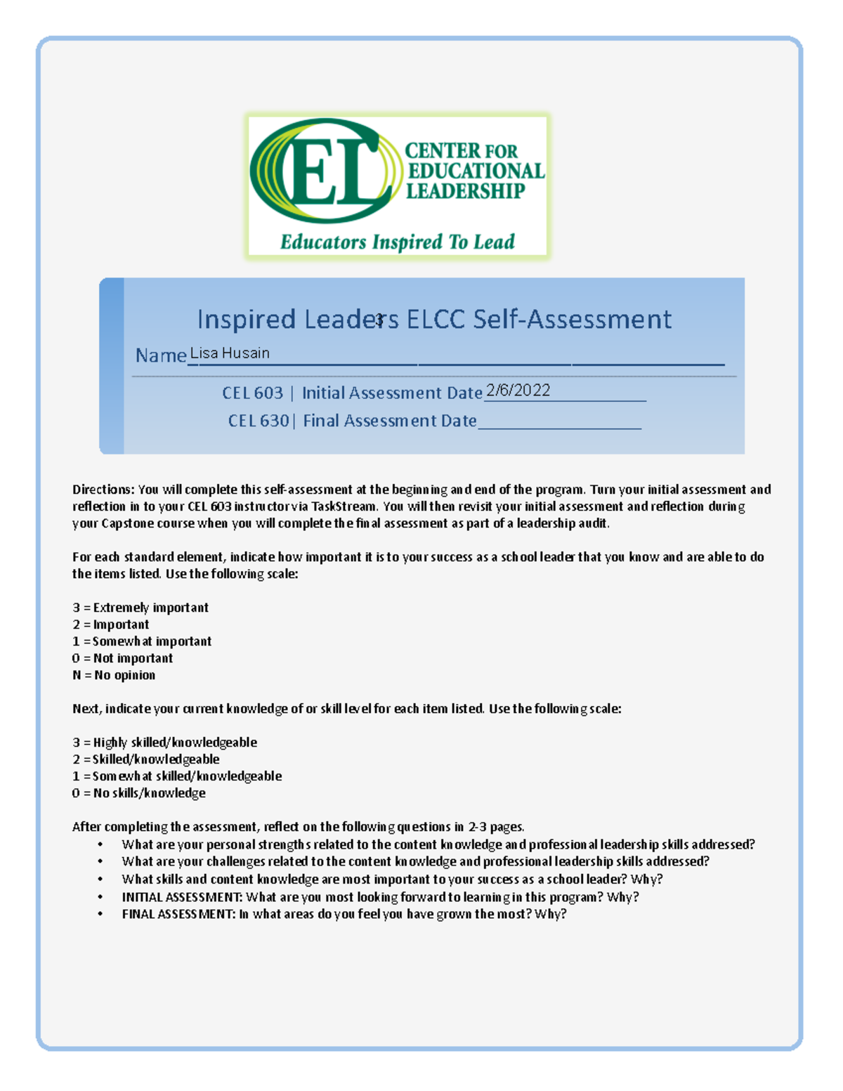 Husain CEL 630 final Self-Assessment - Inspired Leaders ELCC Self ...