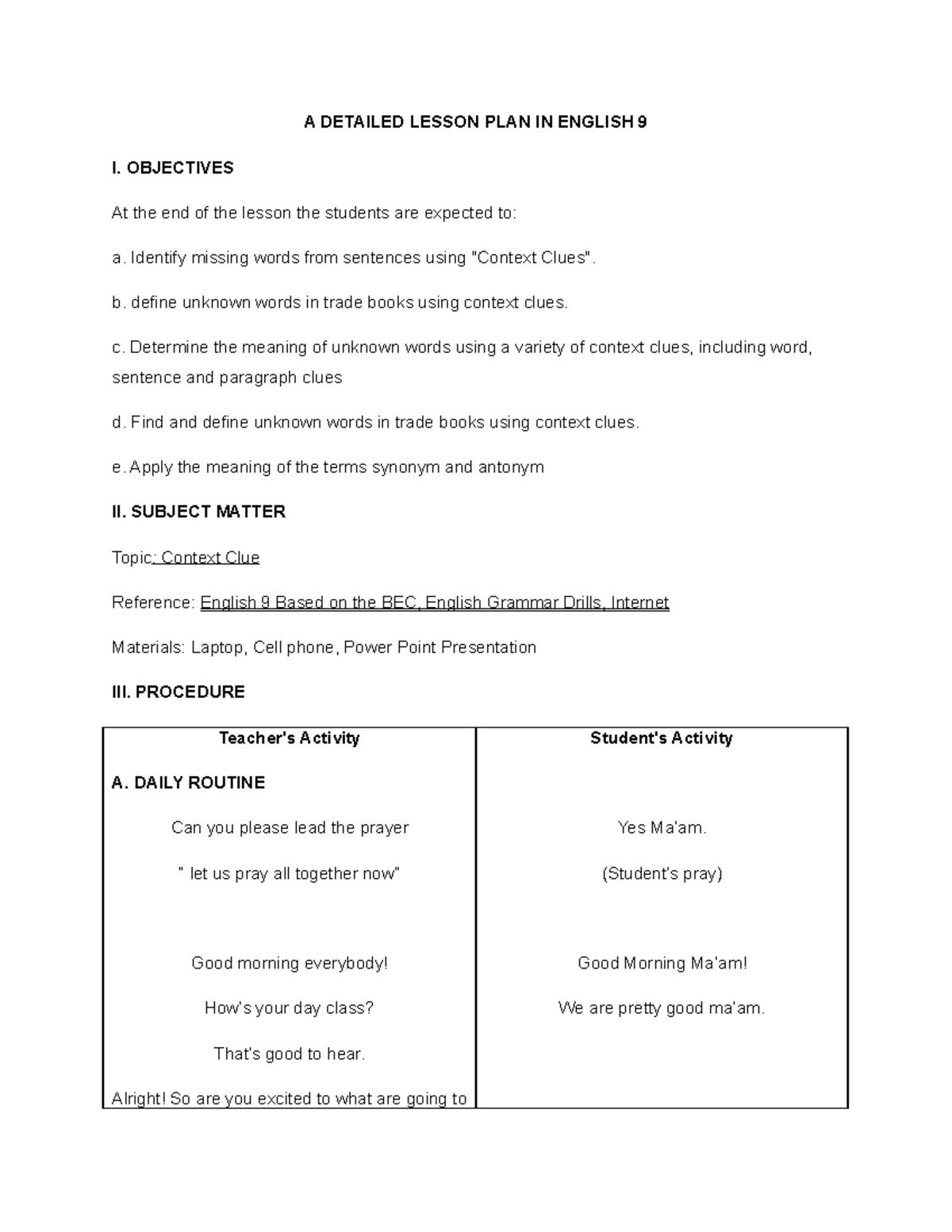 A Detailed Lesson PLAN IN Context Clues A DETAILED LESSON PLAN IN